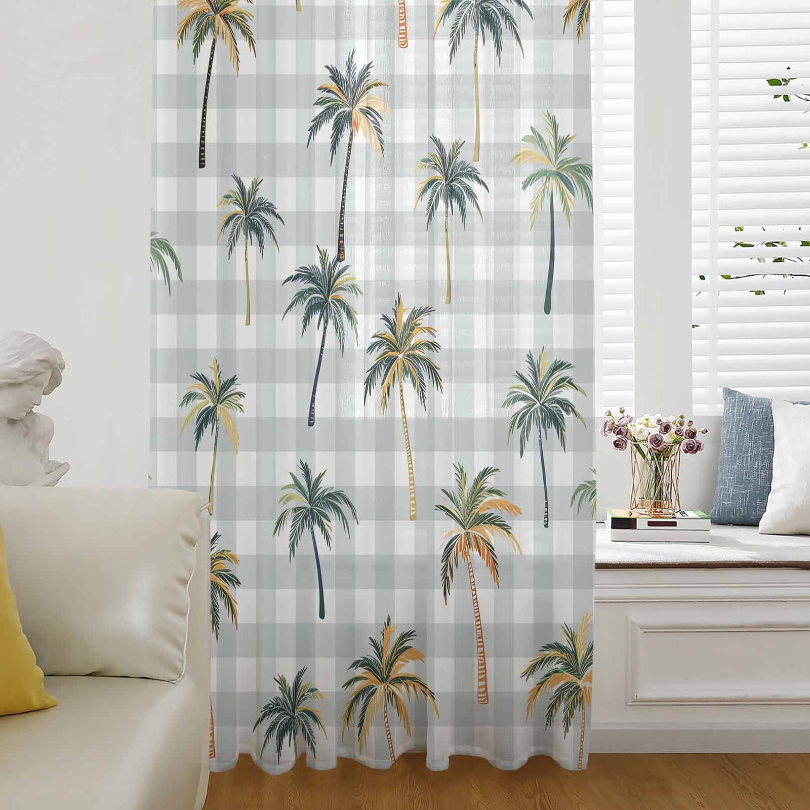 Palm Trees Window Curtain 63 Inches Long,Retro Green Buffalo Plaid ...