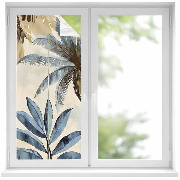 Palm Trees Window Privacy Film, Blue Brown Vintage Watercolor Tropical ...