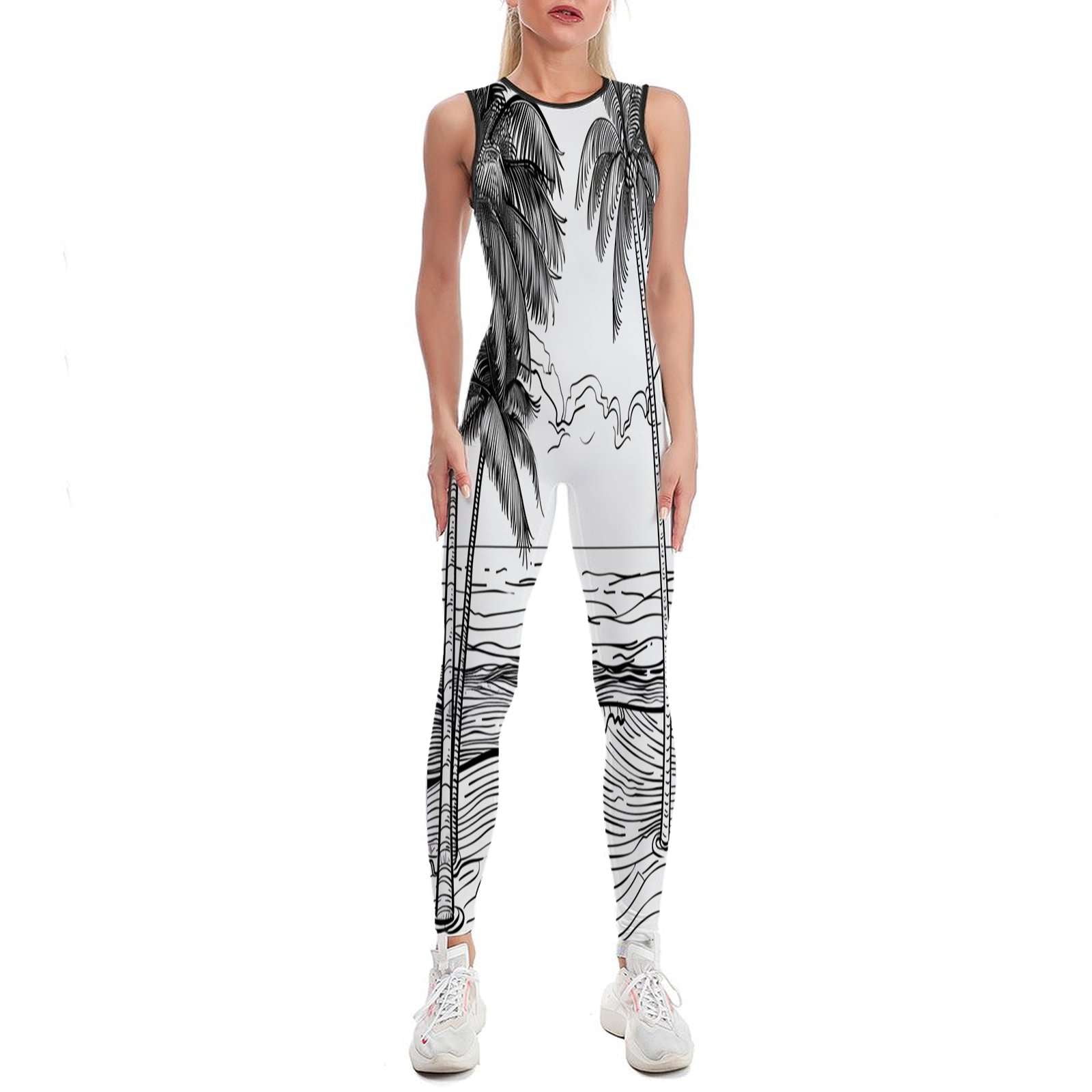 Palm Trees With A Black And White Women's One Piece Yoga Jumpsuits ...