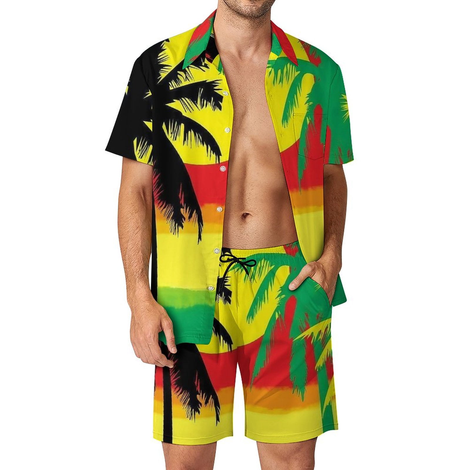 Palm Trees in Jamaica Colors Mens 2 Piece Casual Outfits Short Sleeve ...