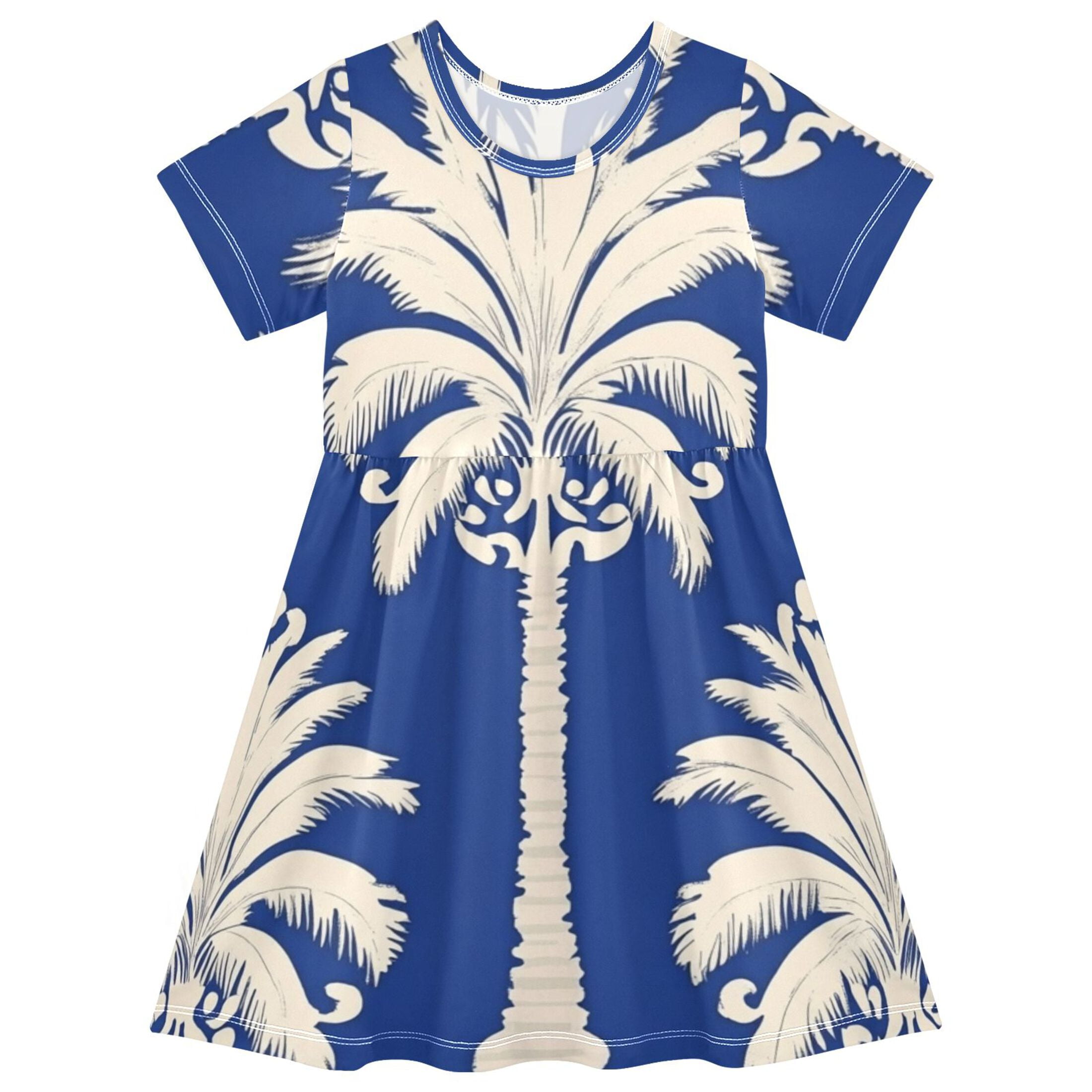 Palm Trees in White Girls' Short Sleeve Dress A-Line One-Piece Dress ...