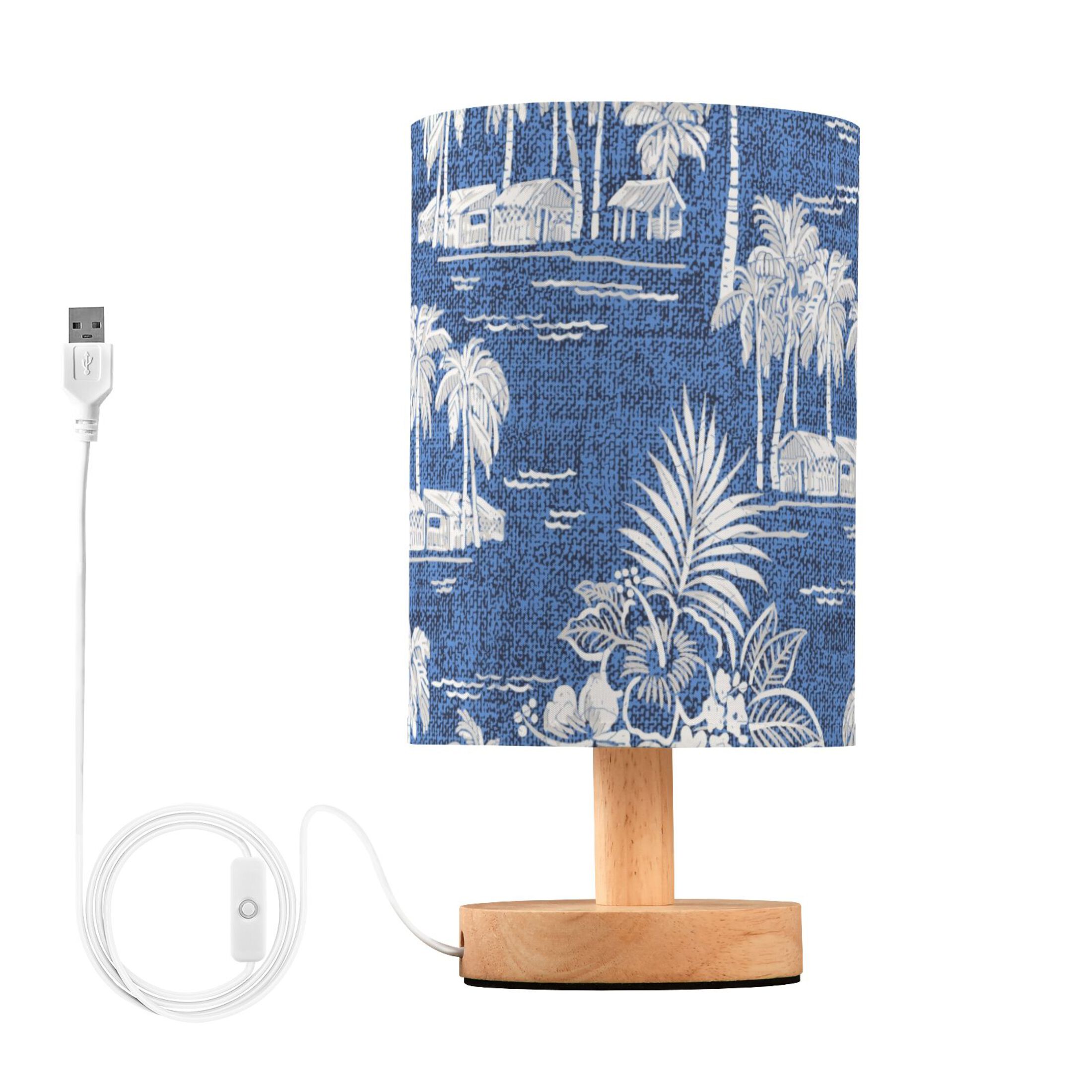 Palm Trees on Blue Bedside Table Lamp LED Warm Lights with USB Charging ...