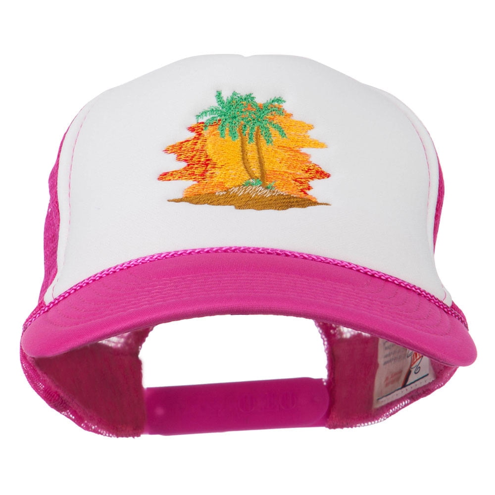 Palm Trees with Sunset Embroidered Foam Front Mesh Back Cap - Hot Pink ...