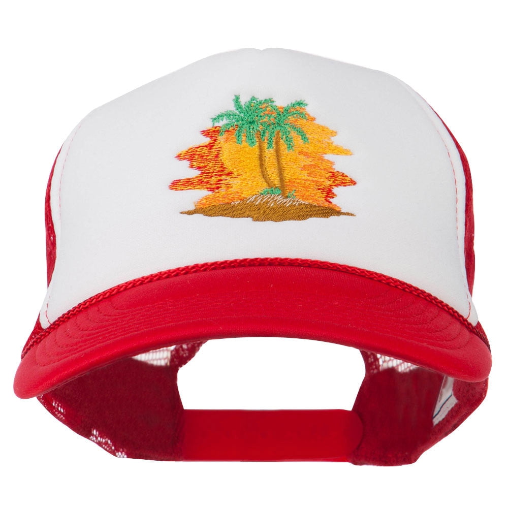 Palm Trees with Sunset Embroidered Foam Front Mesh Back Cap - Red White ...