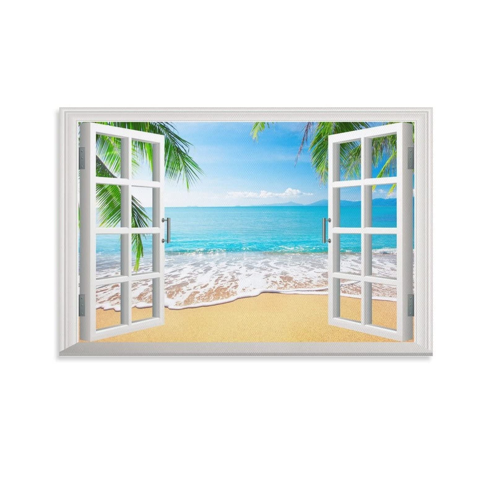 Palm Tropical Beach 3D Window Effect View Fake Window Frame Art Deco ...