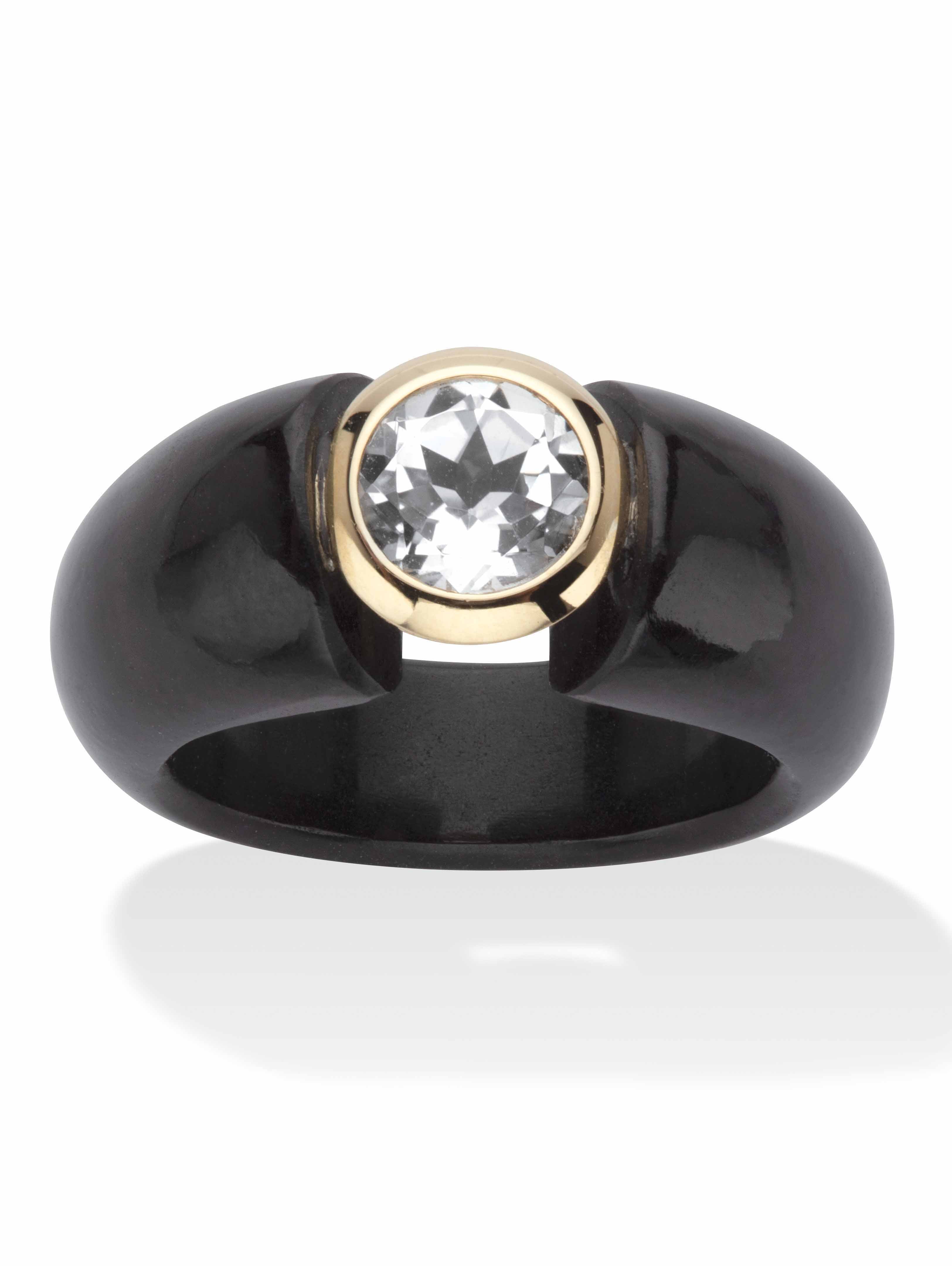 PalmBeach Jewelry Genuine Green Jade or Black Jade & Round White Topaz Ring 1.55 TCW 10K Gold ...