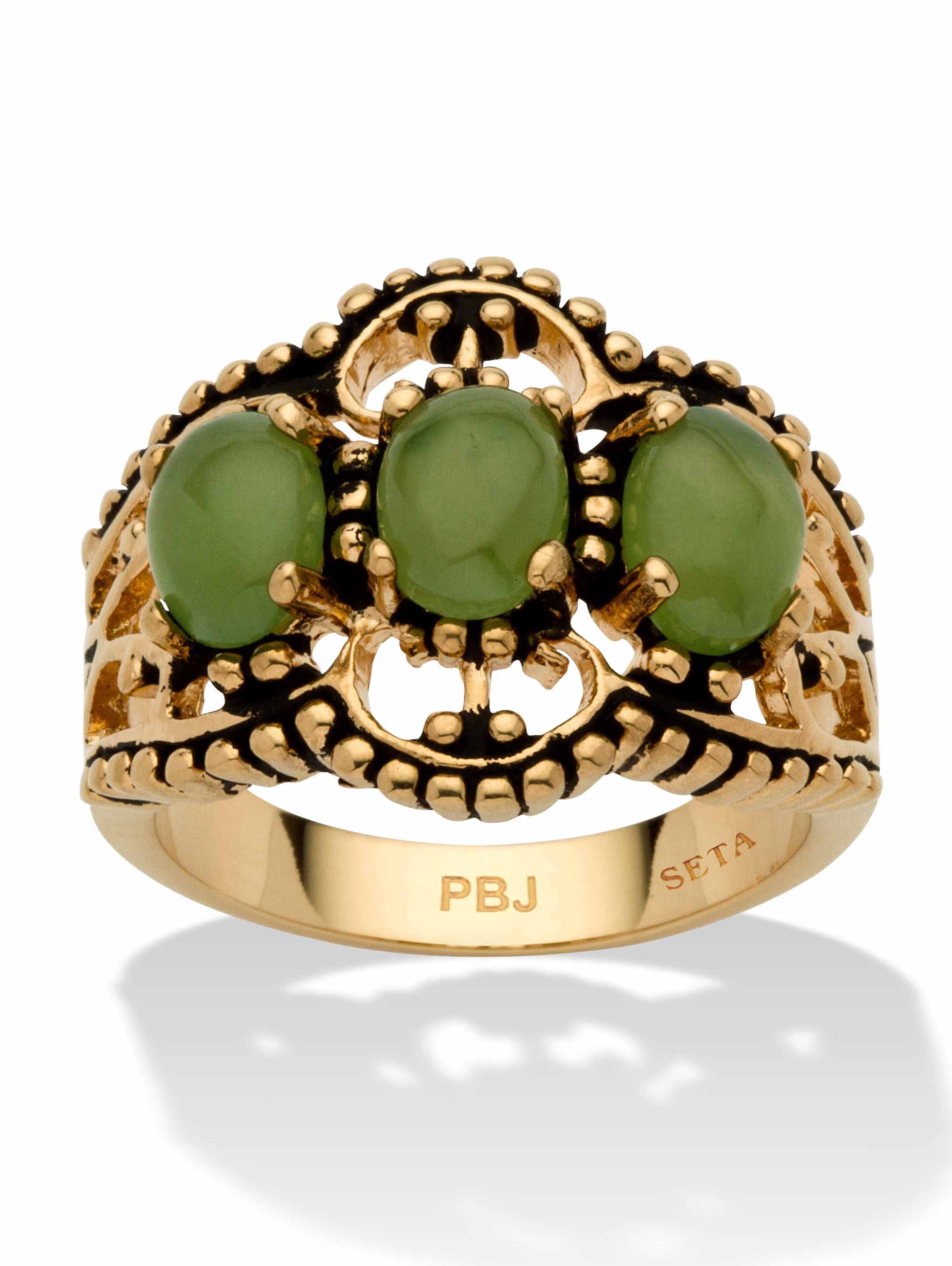 PalmBeach Jewelry Oval Genuine Green Jade Antiqued Yellow Gold-Plated Triple-Stone Filigree Ring ...