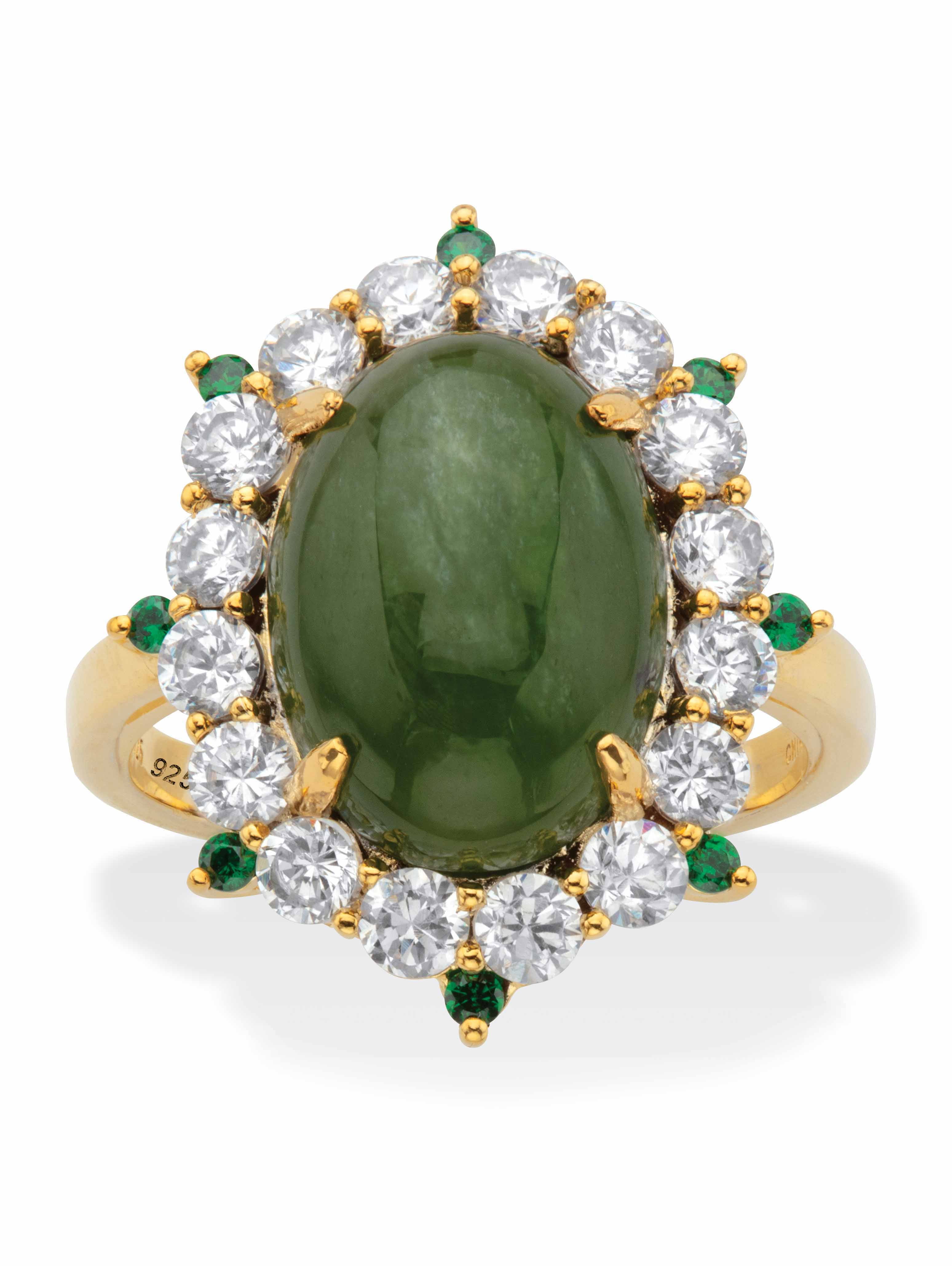 PalmBeach Jewelry Oval Genuine Green Jade and Round Cubic Zirconia Halo ...