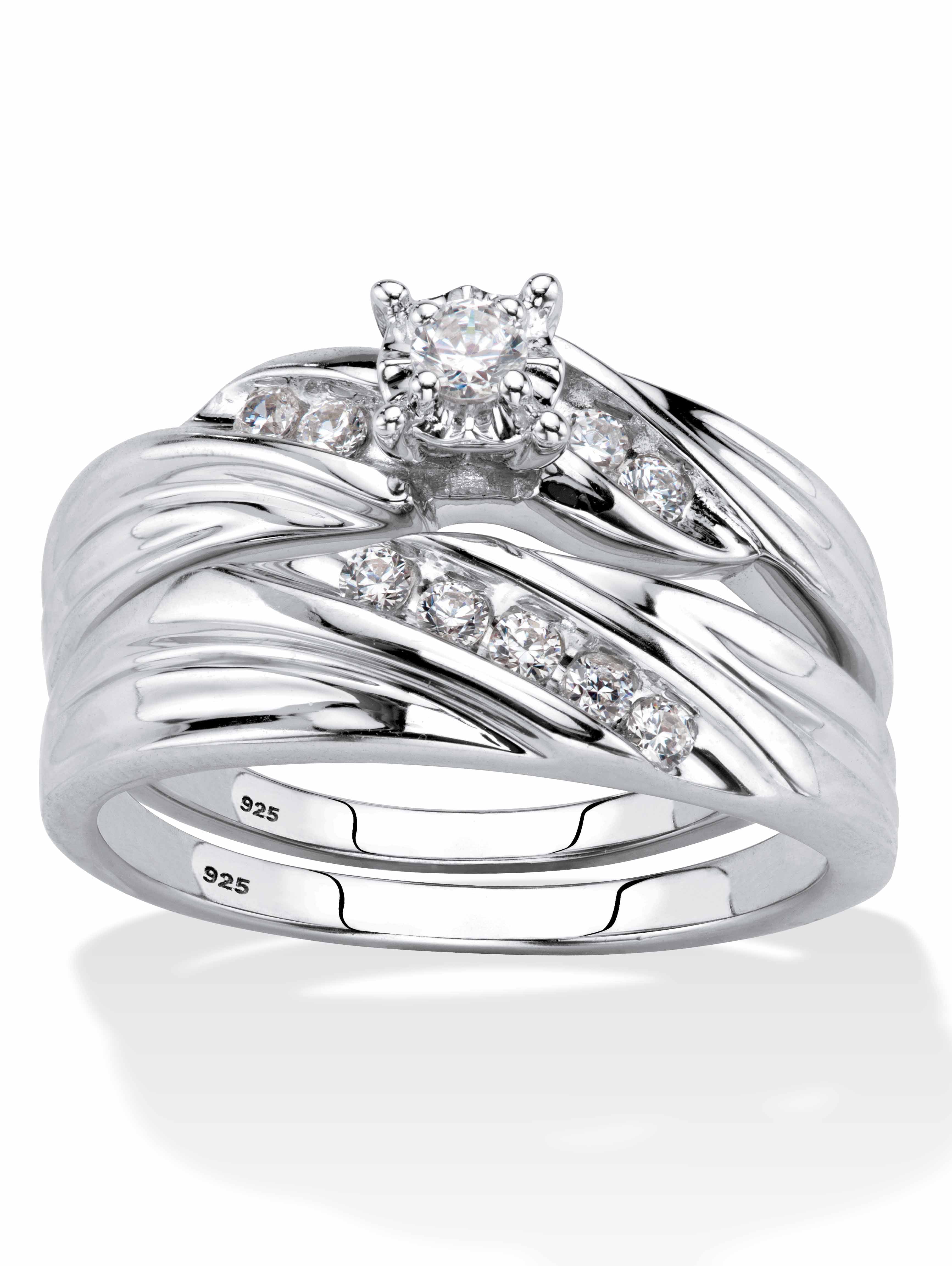 PalmBeach Jewelry Round Cubic Zirconia Diagonal 2-Piece Wedding Ring ...