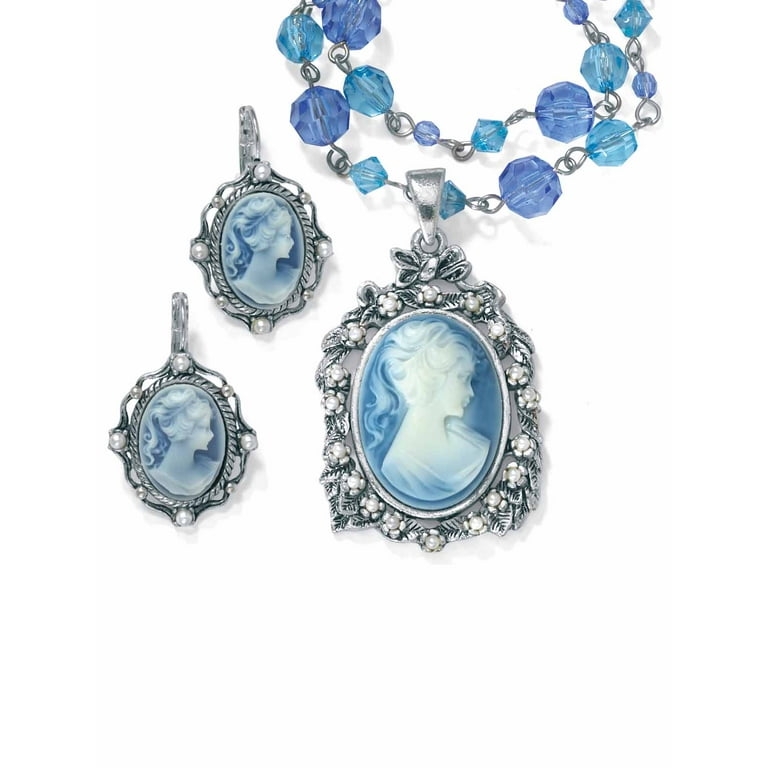 PalmBeach Jewelry Simulated Pearl and Lucite Cameo 2 Piece Set in Antiqued Silvertone