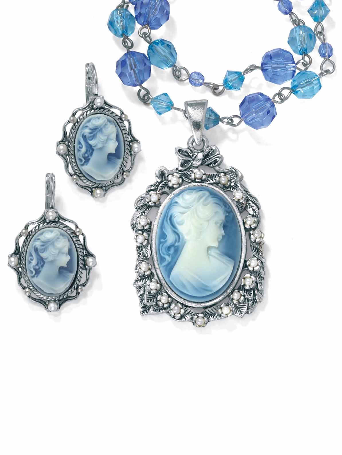 Simulated Pearl Cameo Beaded 2-Piece Necklace and Earrings Set in ...