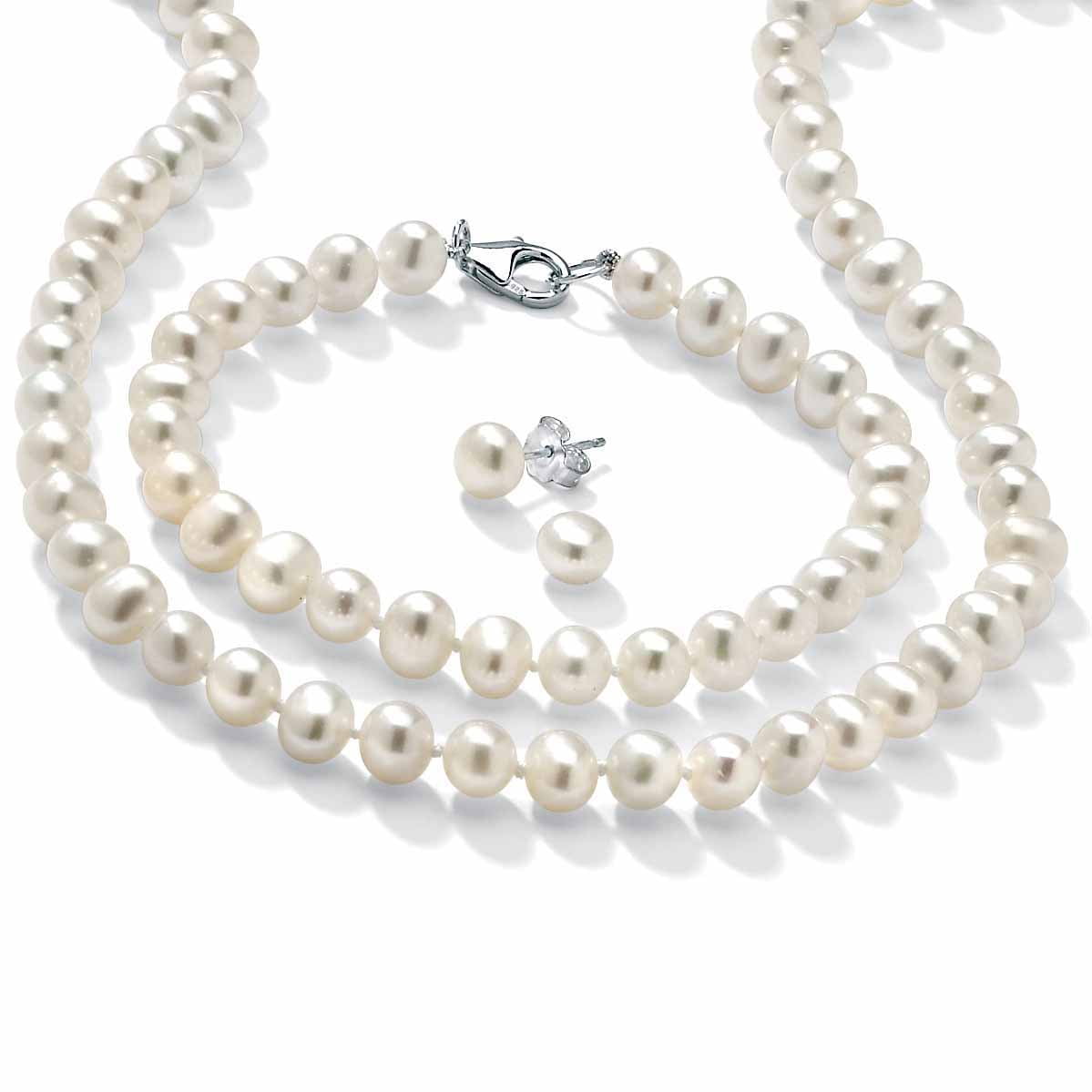 PalmBeach Sterling Silver Genuine Cultured Pearl Set with Earrings ...