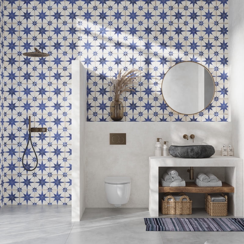 Palmera 9x9 Blue White Porcelain Star Square Wall and Floor Tile (6.96 ...