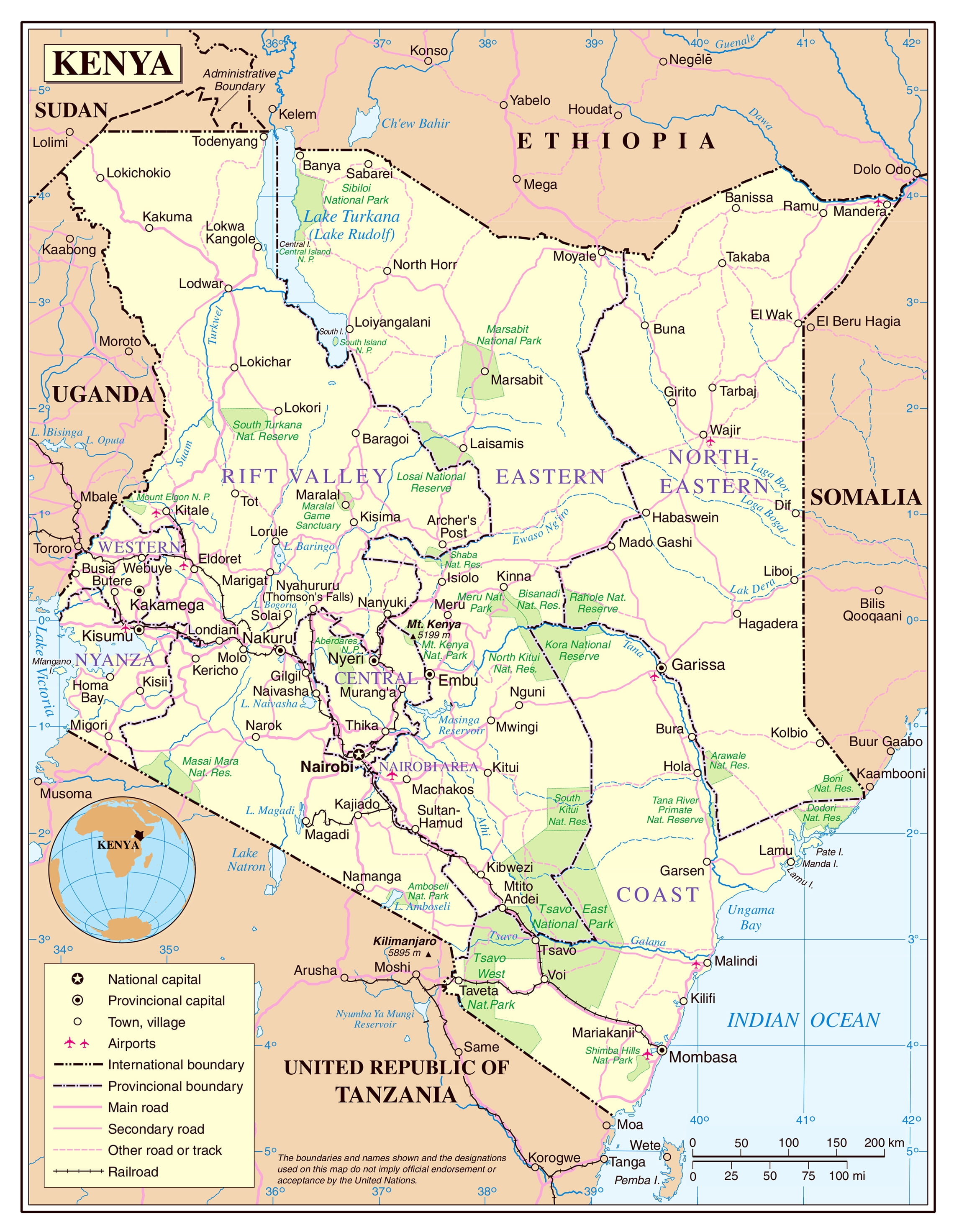Palmetto 24x31 Laminated Poster: Detailed Kenya Map with Roads ...