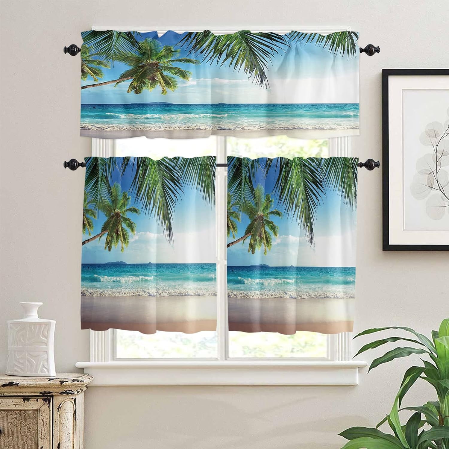 Palms Tree Tropical Sea Beach Theme Curtains | 3 Piece Semi Sheer Tiers ...