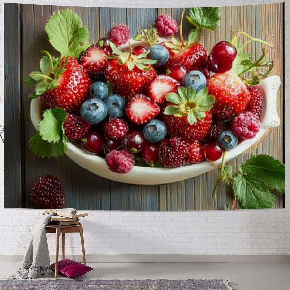 Palnkart Berries Strawberries Wooden Table Tapestry Wall Hanging Unique ...