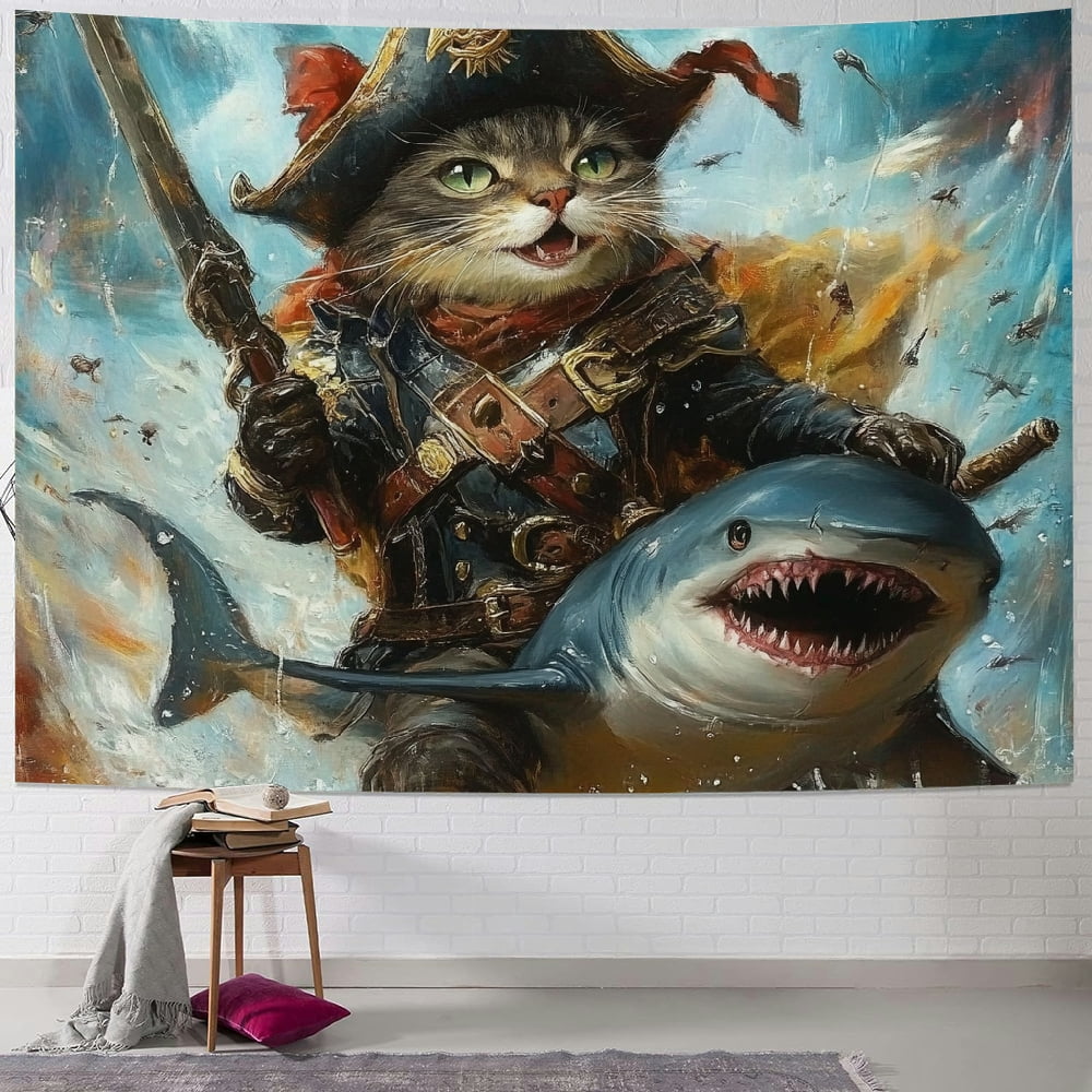 Palnkart Cat Shark Pirate Tapestry Wall Hanging Unique Style Graphic ...
