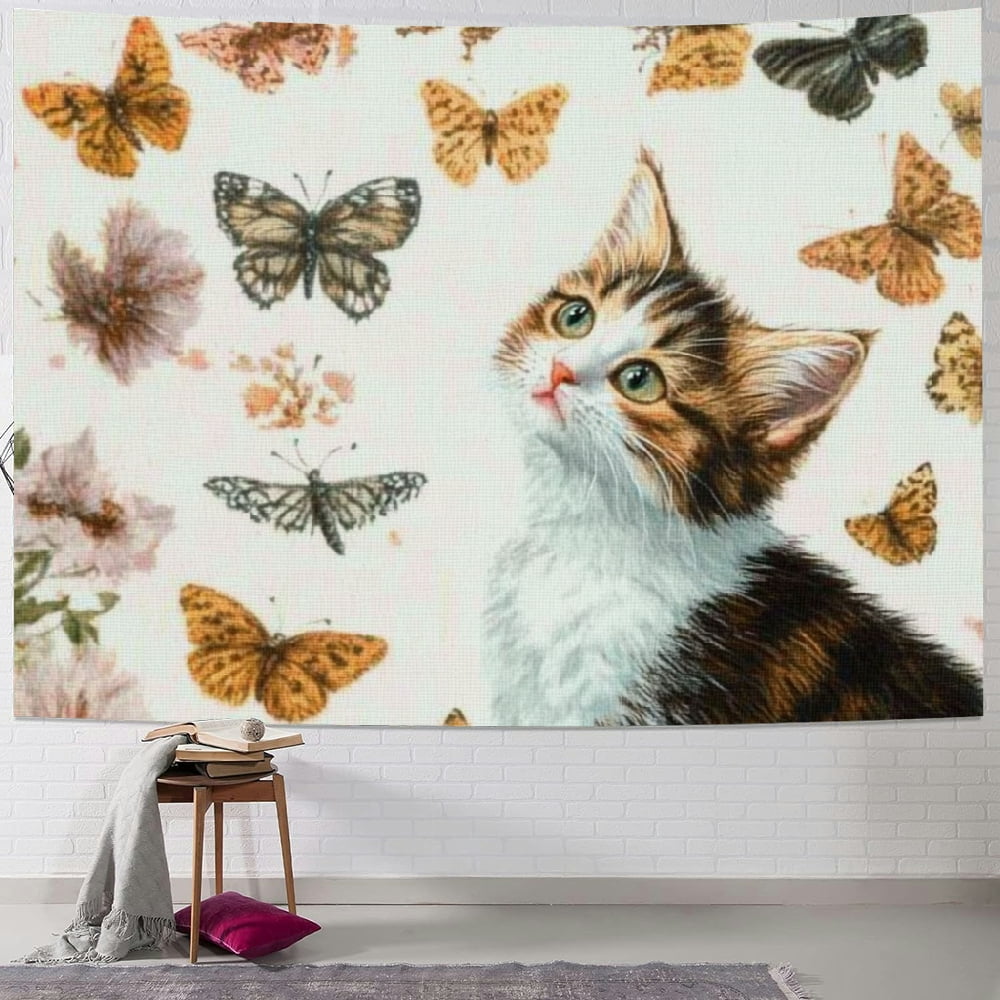 Palnkart Cute Cat Butterflies Tapestry Wall Hanging Unique Style for ...