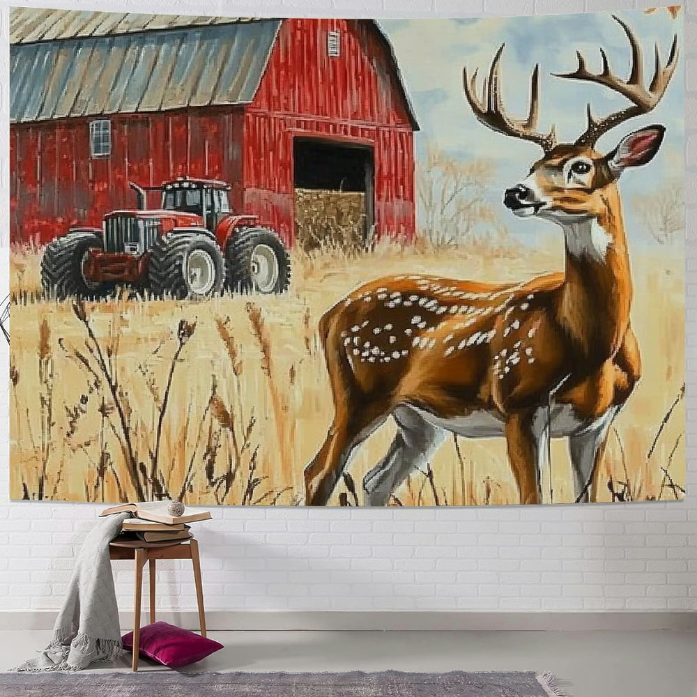 Palnkart Deer Tractor Barn Tapestry Wall Hanging Unique Style Graphic ...