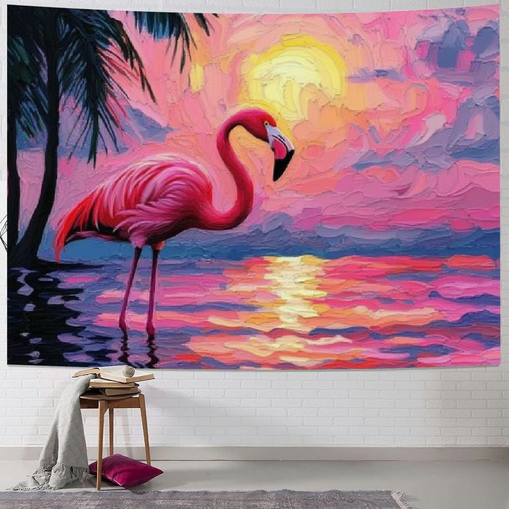 Palnkart Flamingo Palm Trees Sunset Graphic Tapestry Wall Hanging ...