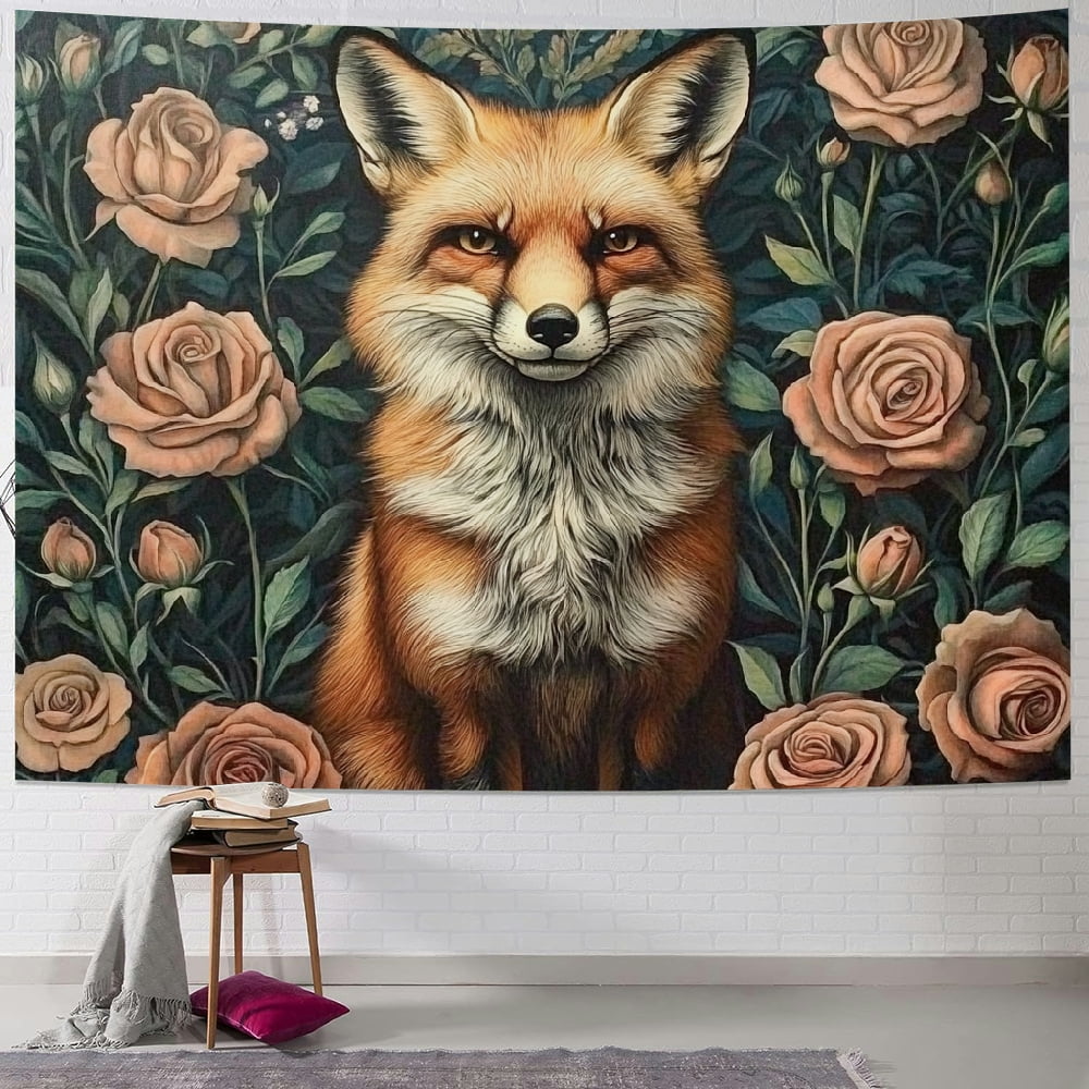Palnkart Fox Roses Garden Tapestry Wall Hanging Unique Style Graphic ...