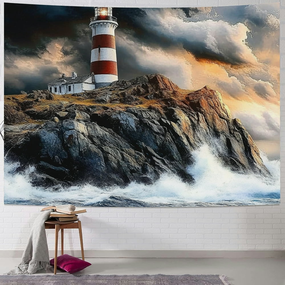 Palnkart Lighthouse Stormy Sky Rocky Cliff Tapestry Wall Hanging Unique ...