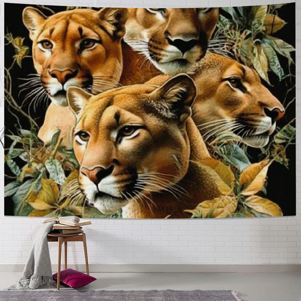 Palnkart Mountain Lions Leaves Flowers Tapestry Wall Hanging Unique ...