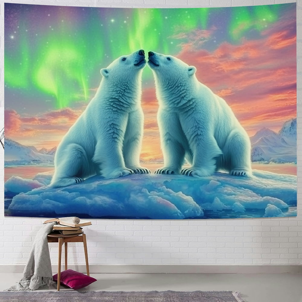 Palnkart Polar Bears Aurora Borealis Ice Floe Tapestry Wall Hanging ...
