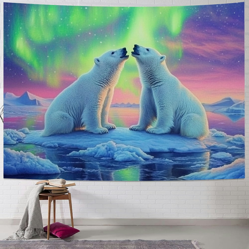 Palnkart Polar Bears Ice Floe Aurora Borealis Tapestry Wall Hanging ...