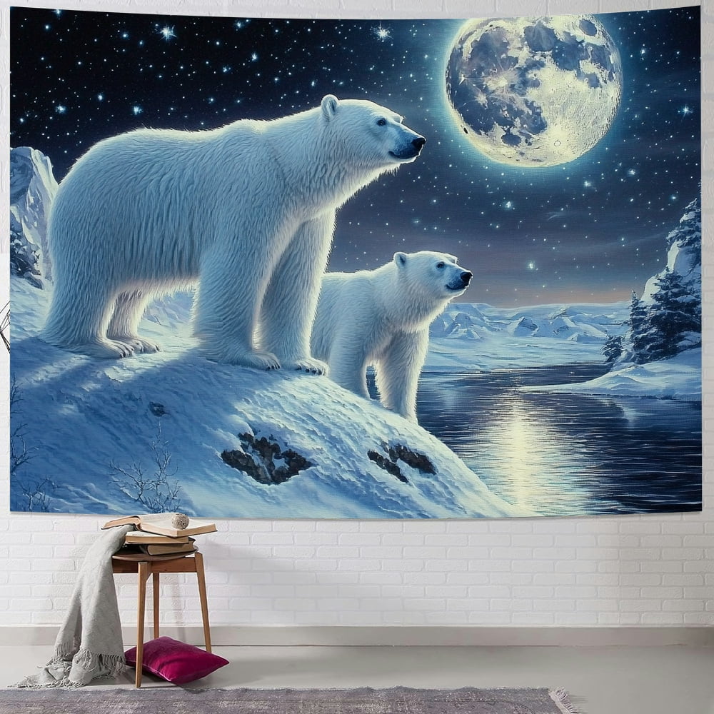 Palnkart Polar Bears Snowy Surface Full Moon Tapestry Wall Hanging ...