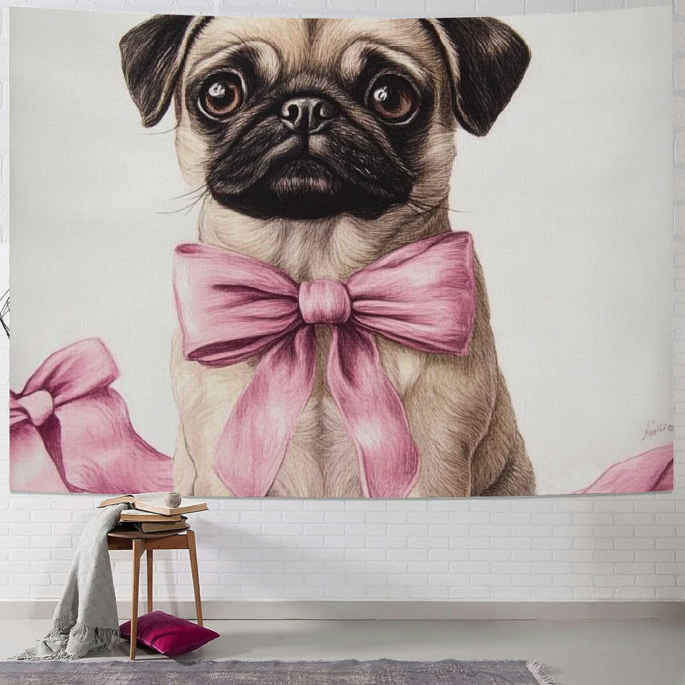 Palnkart Pug Dog Pink Bow Tapestry Wall Hanging Unique Style for Home ...