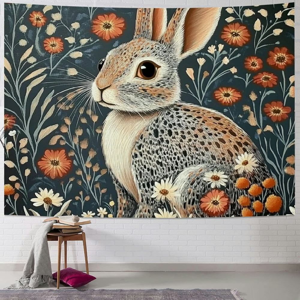 Palnkart Rabbit Flowers Naive Art Tapestry Wall Hanging Unique Style ...