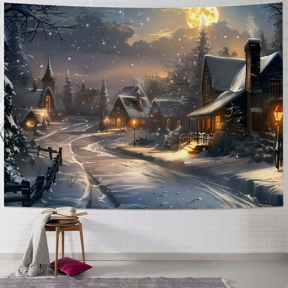 Palnkart Snowy Village Full Moon Street Light Tapestry Wall Hanging ...