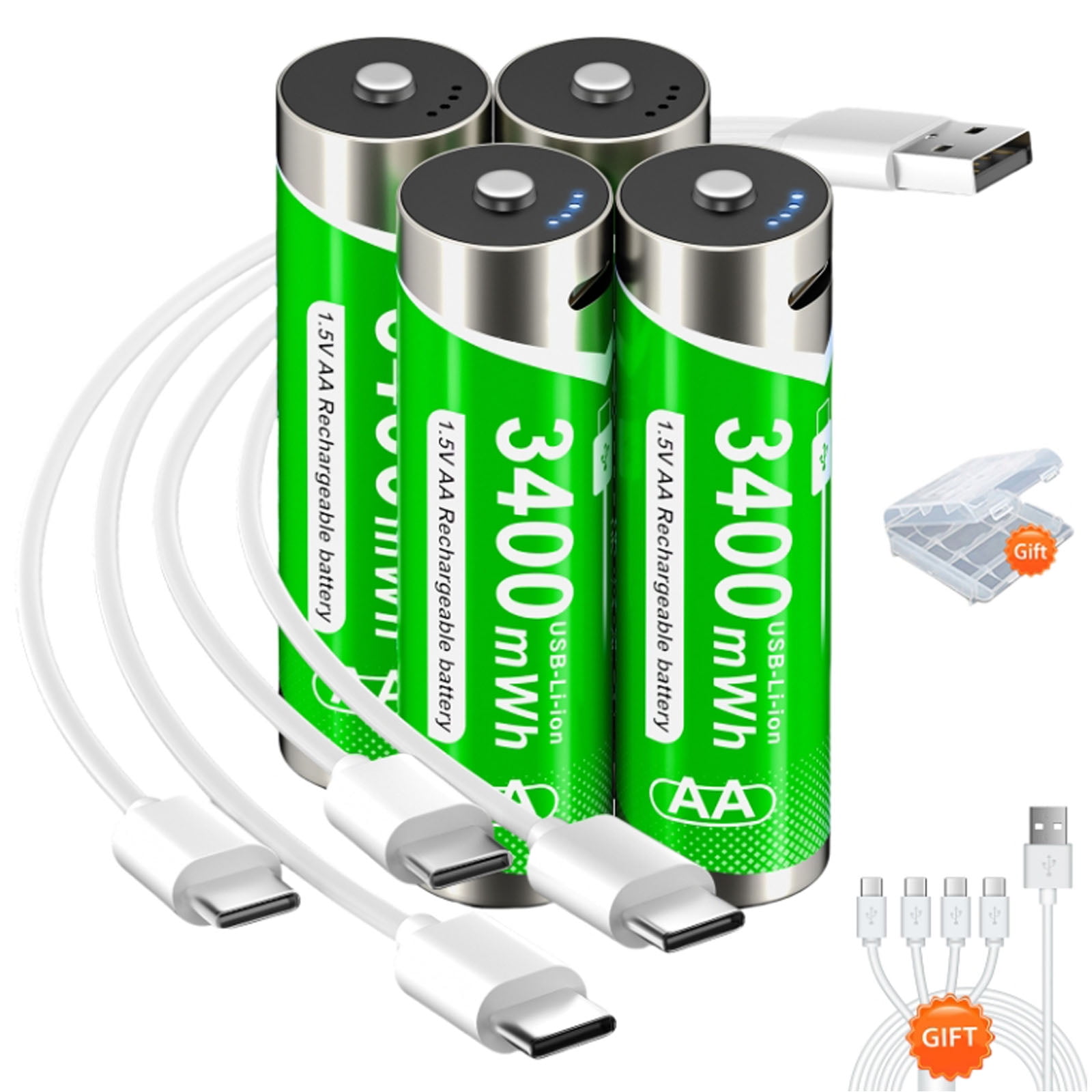 Palogreen 4 Pack AA Rechargeable Batteries Lithium 1.5V High Capacity USB AA Batteries 3400mWh ...