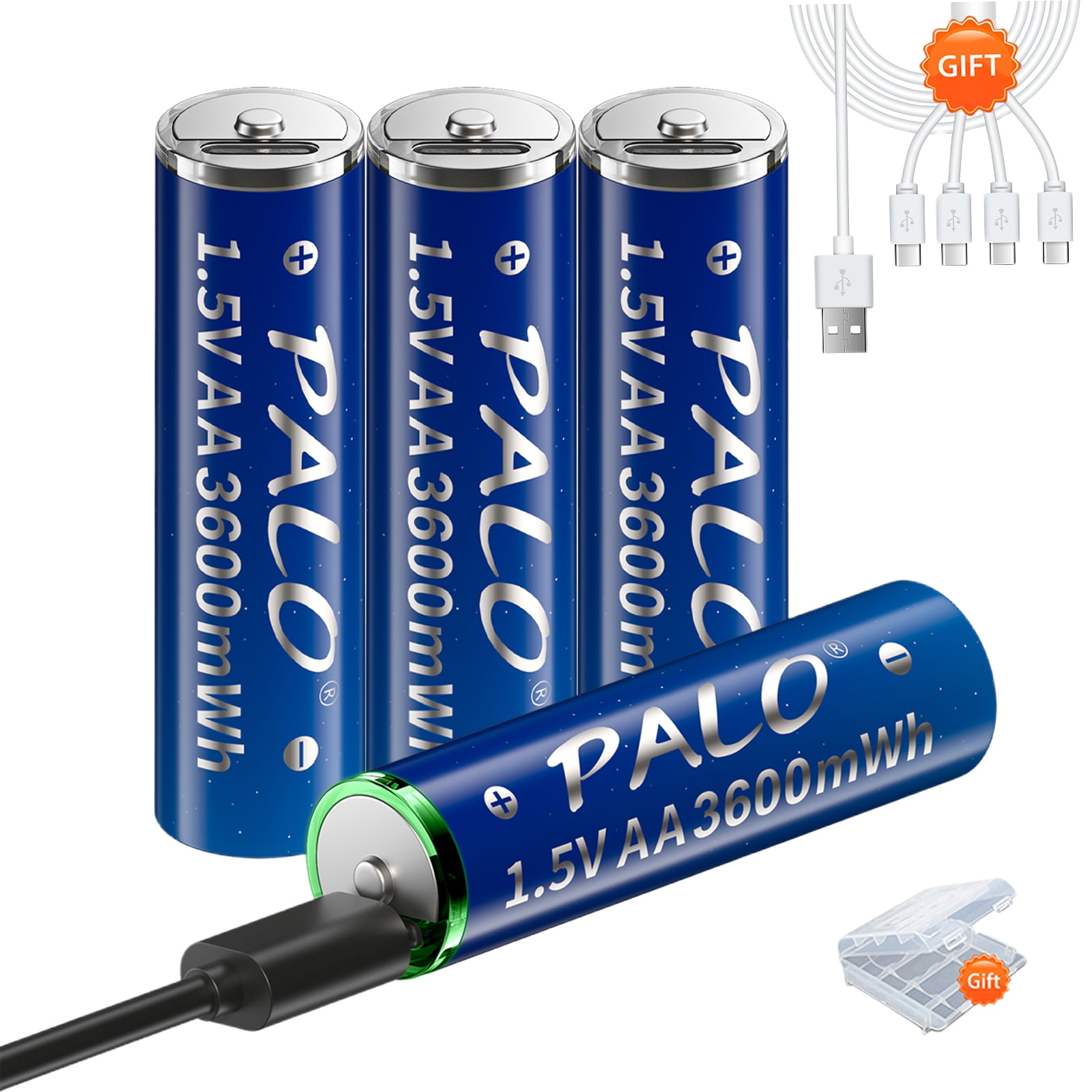 Palogreen 4 Pack Rechargeable AA Batteries USB 3600mWh 1.5V Lithium ...