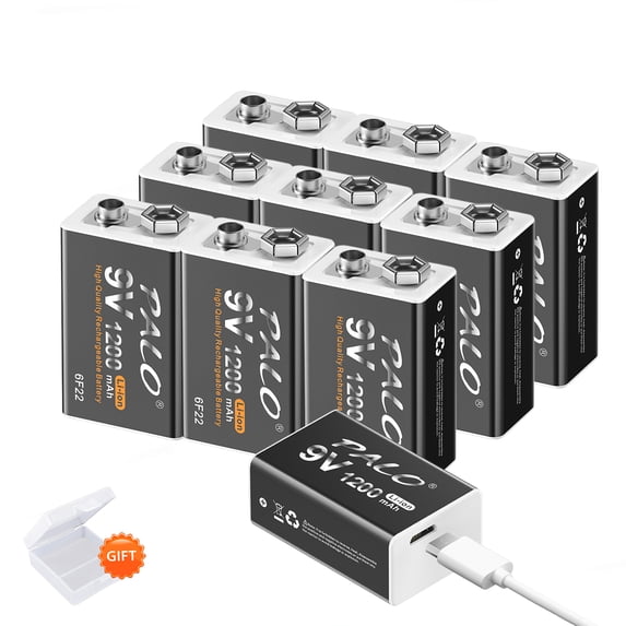 Palogreen 9 Volt Rechargeable Batteries 10 Pack with USB Cable, 1200mAh ...