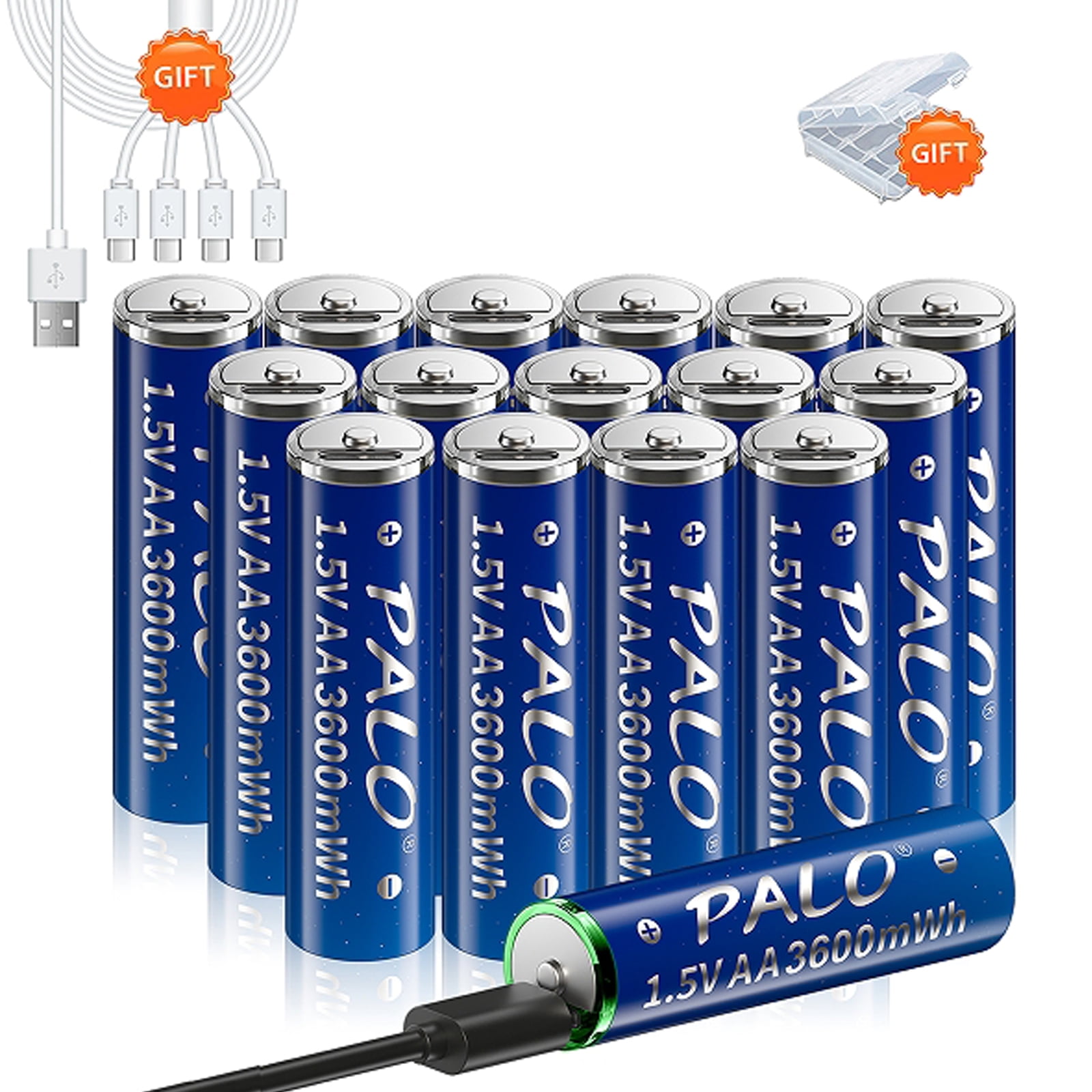 Palogreen AA USB Rechargeable Battery 16-Pack 1.5V Type-C Lithium Double A Batteries 3600mWh ...