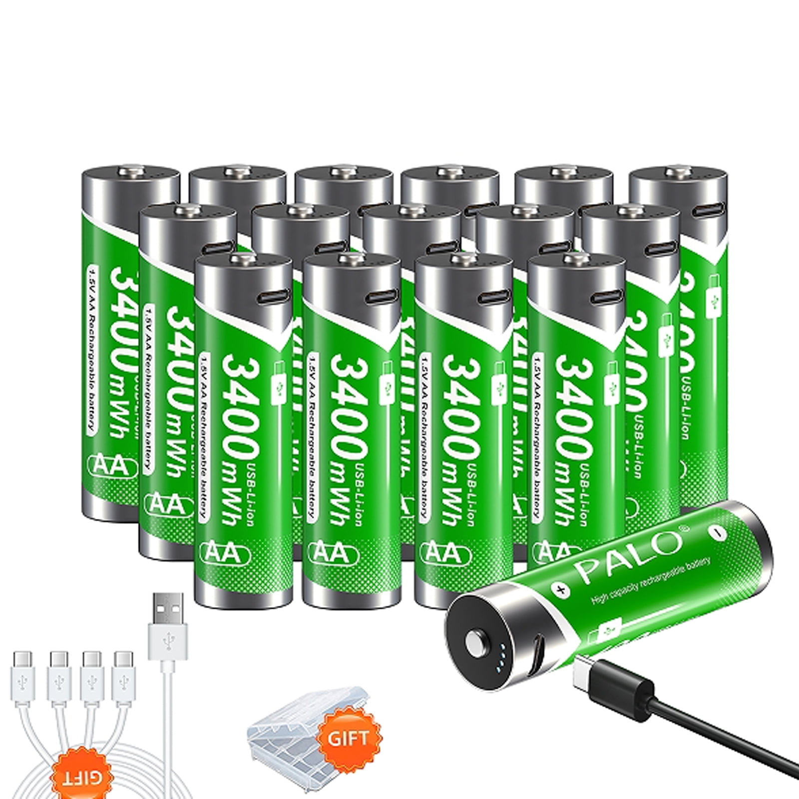 Palogreen AA USB Rechargeable Battery 16-Pack 1.5V Type-C Lithium Double A Batteries 3800mWh ...