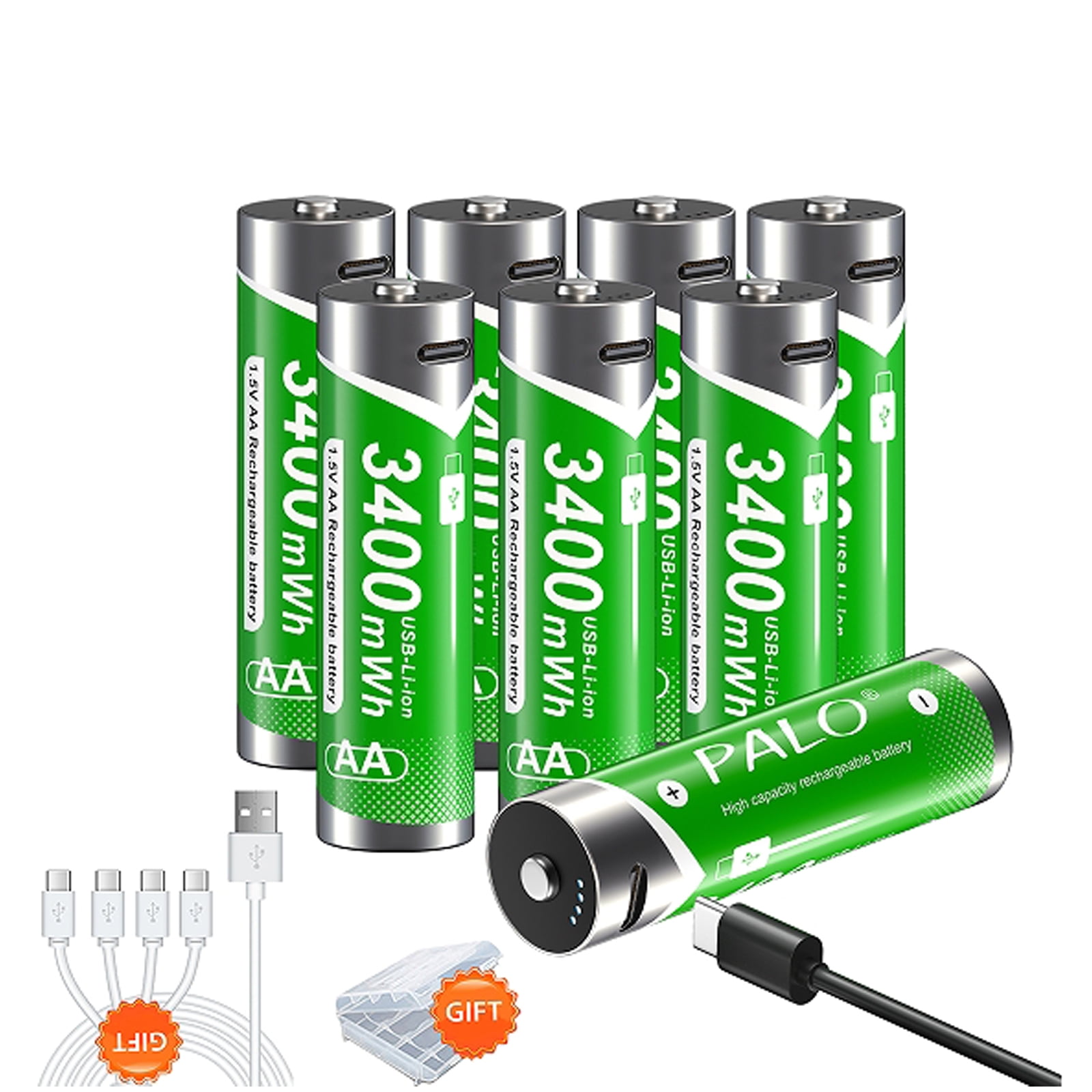 Palogreen AA USB Rechargeable Battery 8-Pack 1.5V Type-C Lithium Double A Batteries 3800mWh with ...