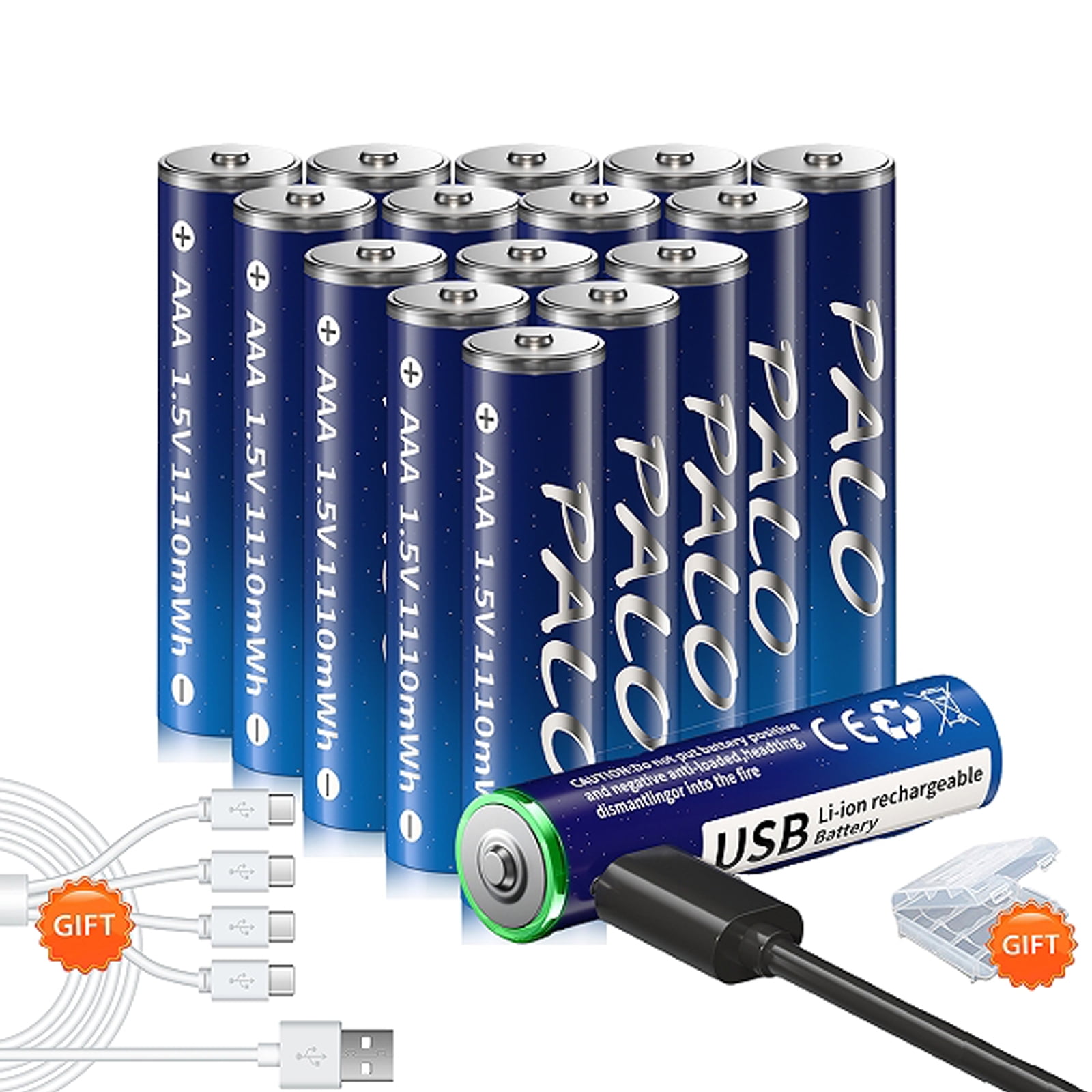 Palogreen AAA USB Rechargeable Battery 16-Pack 1.5V Type-C Lithium Triple A Batteries 1110mWh ...