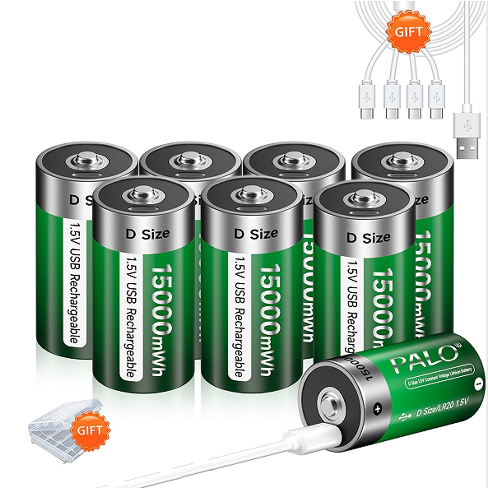Palogreen Rechargeable D Battery 8-Pack 1.5V Type-C USB D Size Lithium ...
