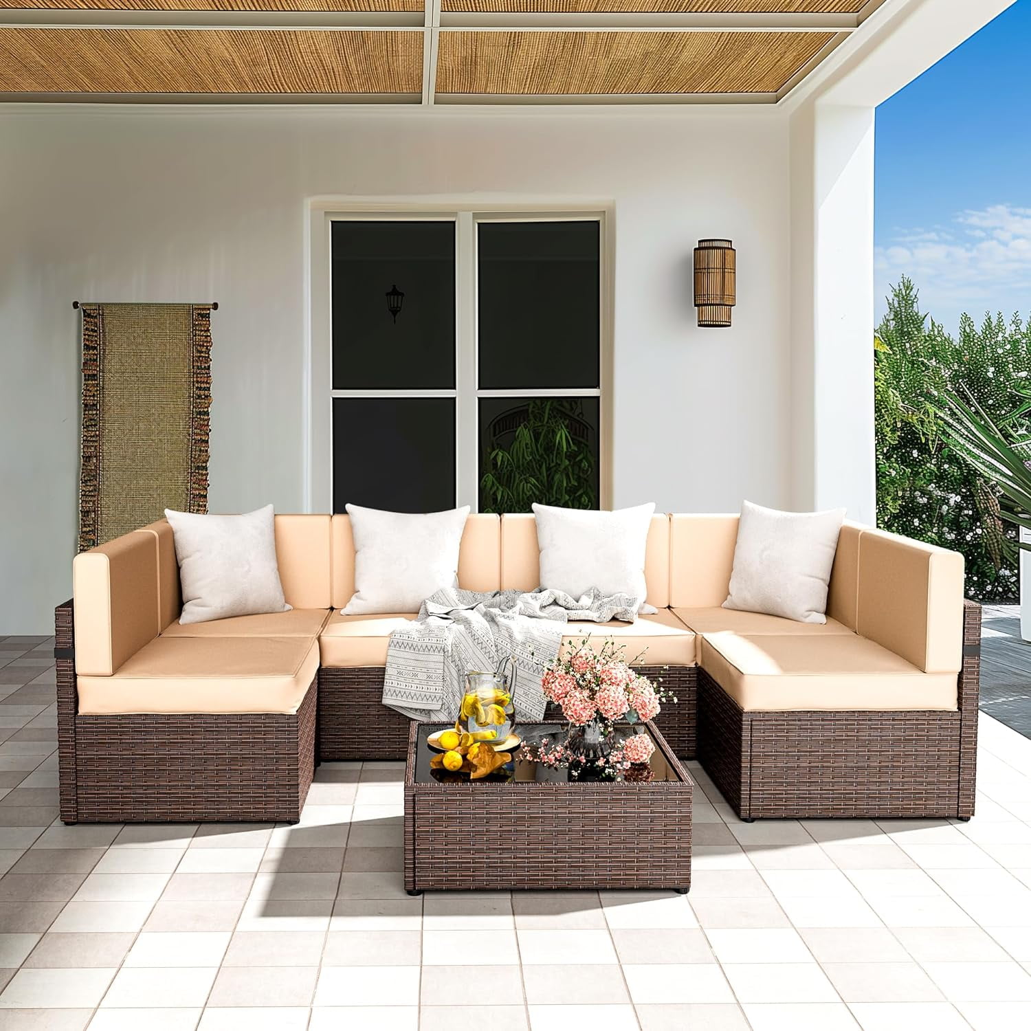 Pamapic 7 Pieces Outdoor Sectional Set, All-Weather PE Rattan Patio ...