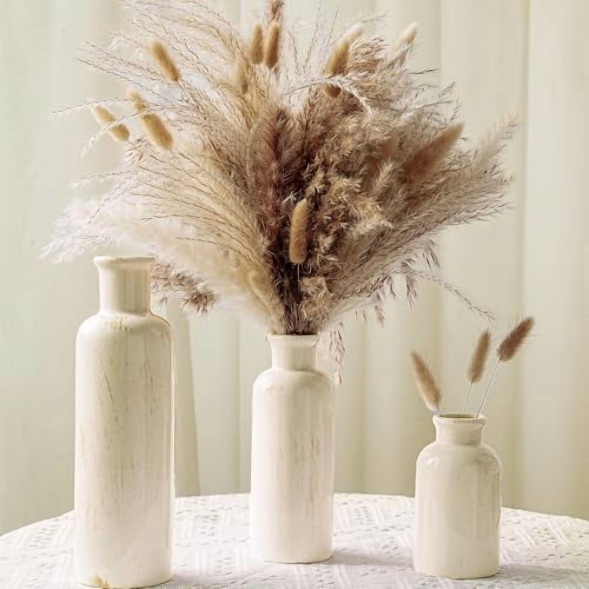 Pampas Grass with Vase Set – 3 Beige White Ceramic Vases with Natural ...