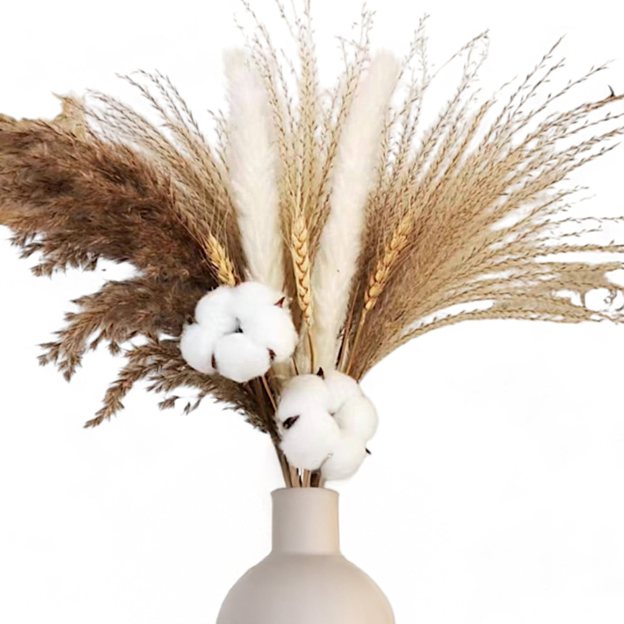 Pampas Grass and Cotton Dried Floral Arrangement with Wheat Accents, 17 ...