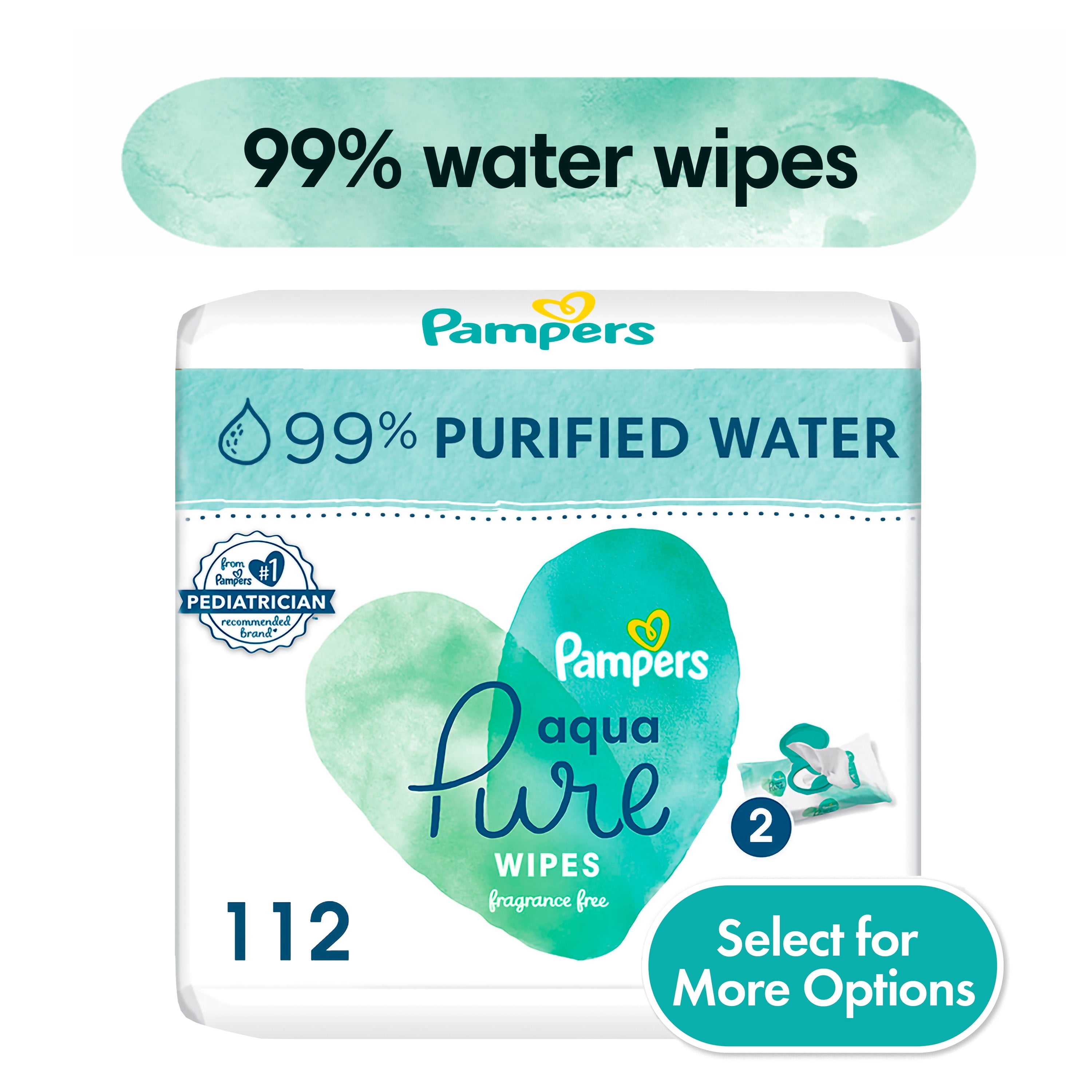 Pampers Aqua Pure Baby Wipes, 99% water, Unscented, 2-Pack 112 Wipes ...