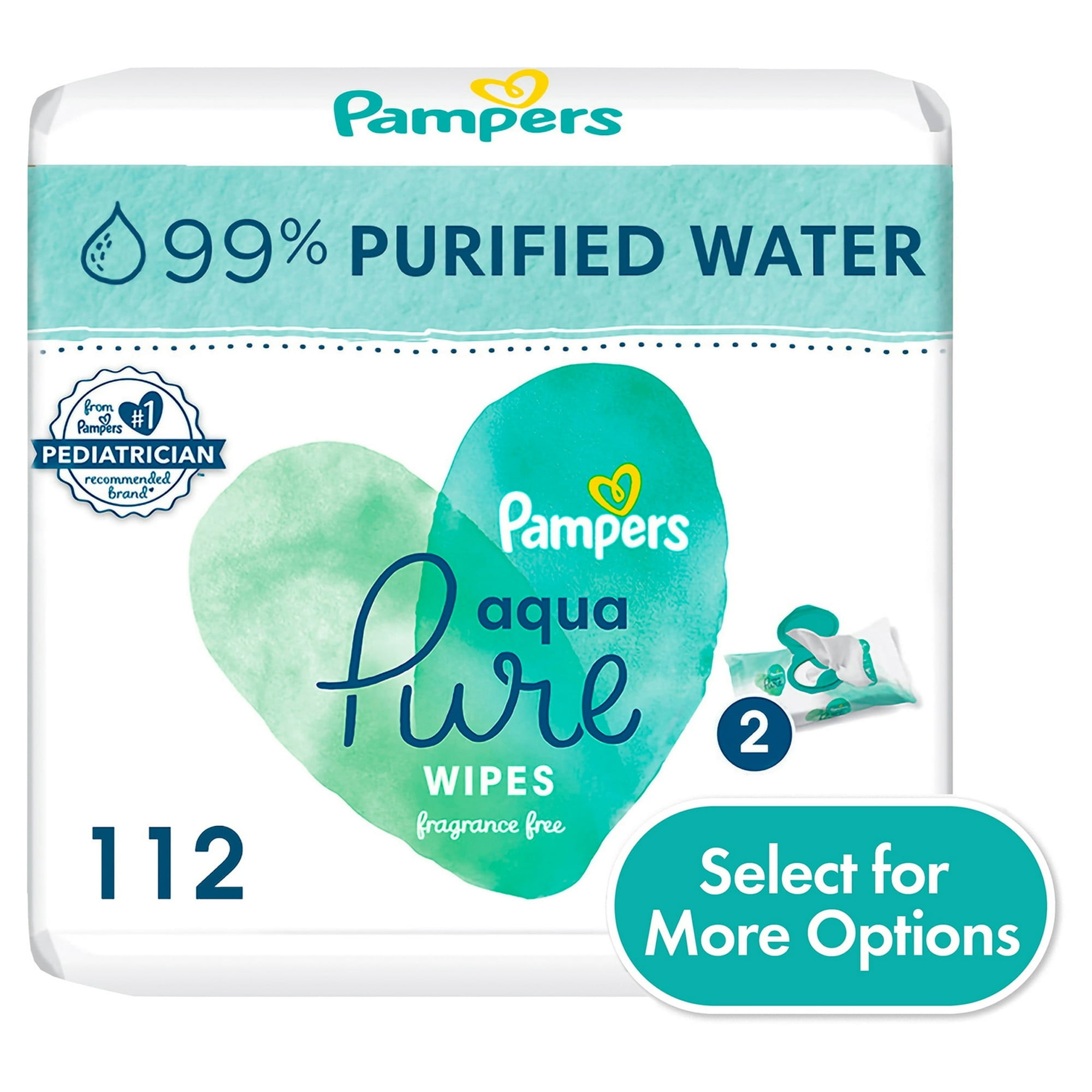 Pampers Aqua Pure Baby Wipes Unscented, 99% Water, 2 Pack, 112 Total ...