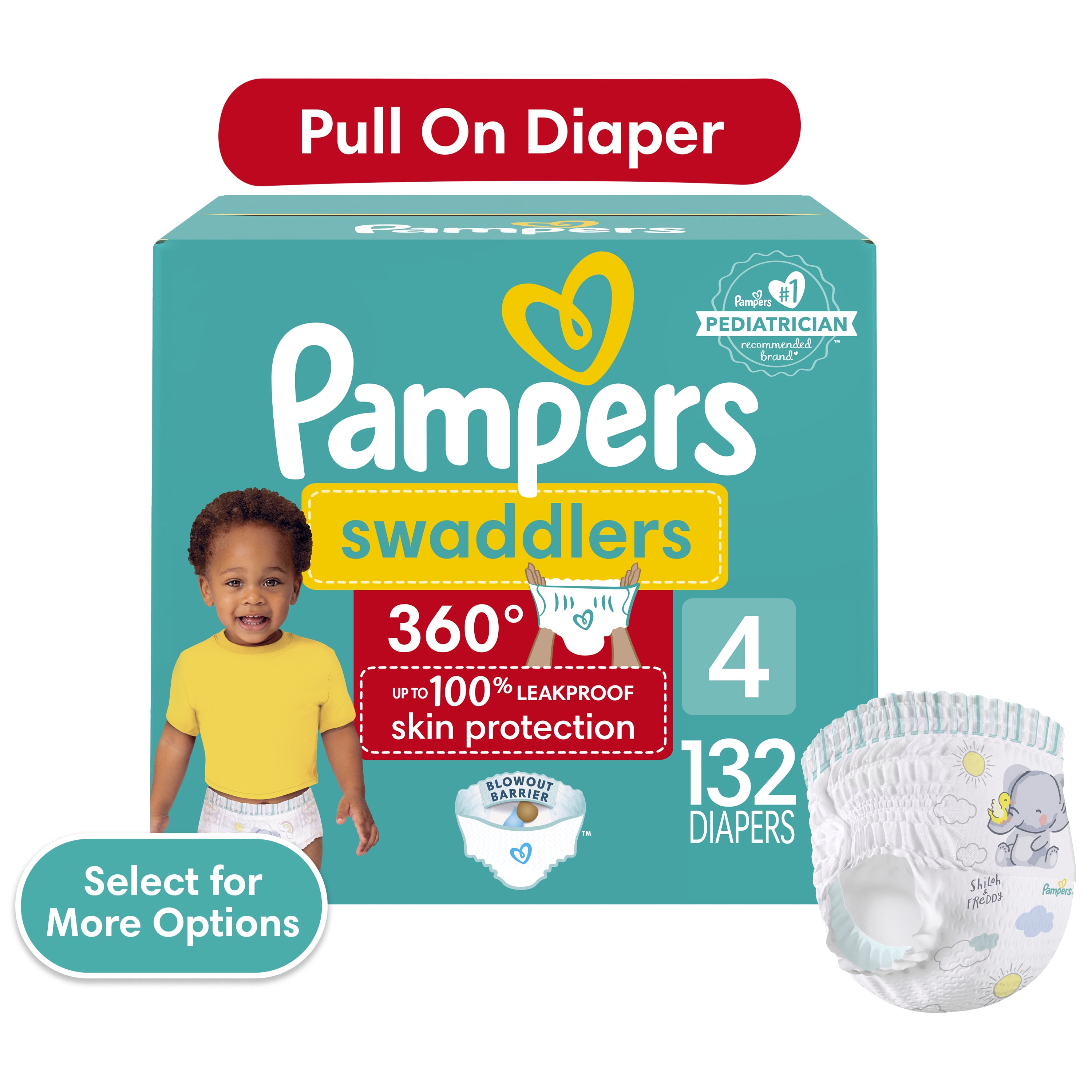 Pampers Swaddlers 360 Pull-On Diapers, Size 4, 132 Count for up to 100% Leakproof Skin ...