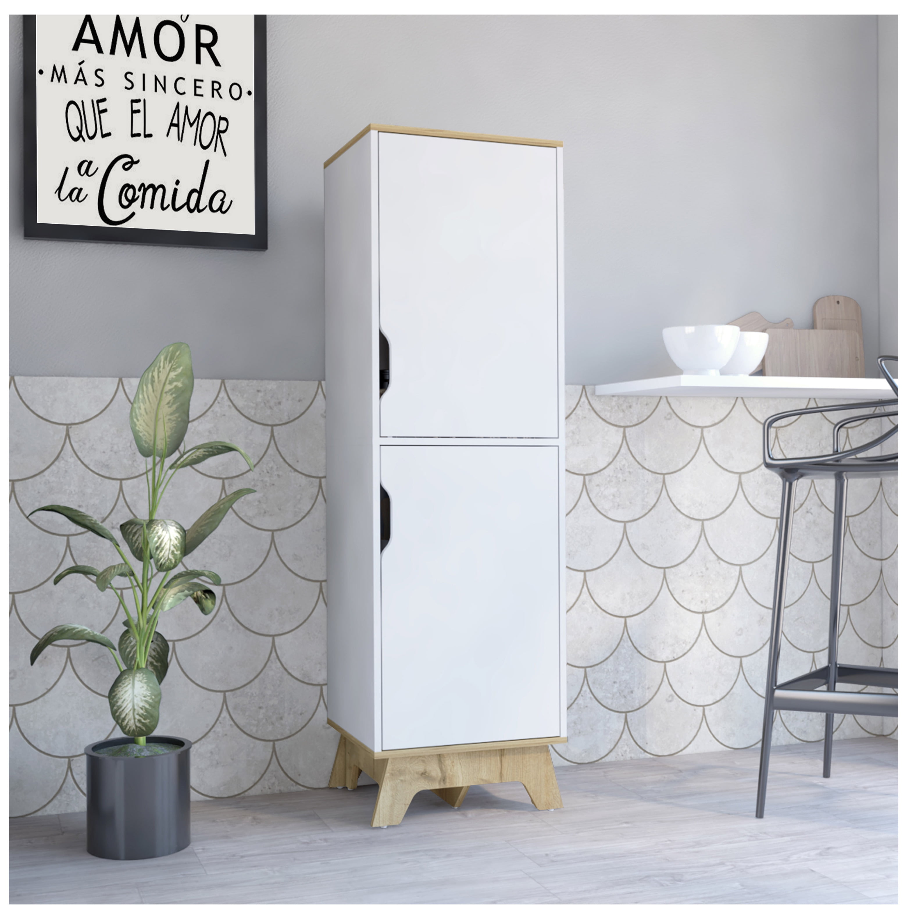 Pamplona Microwave Tall Cabinet Counter Surface, Top And Lower Double Doors Cabinets -Light Oak ...