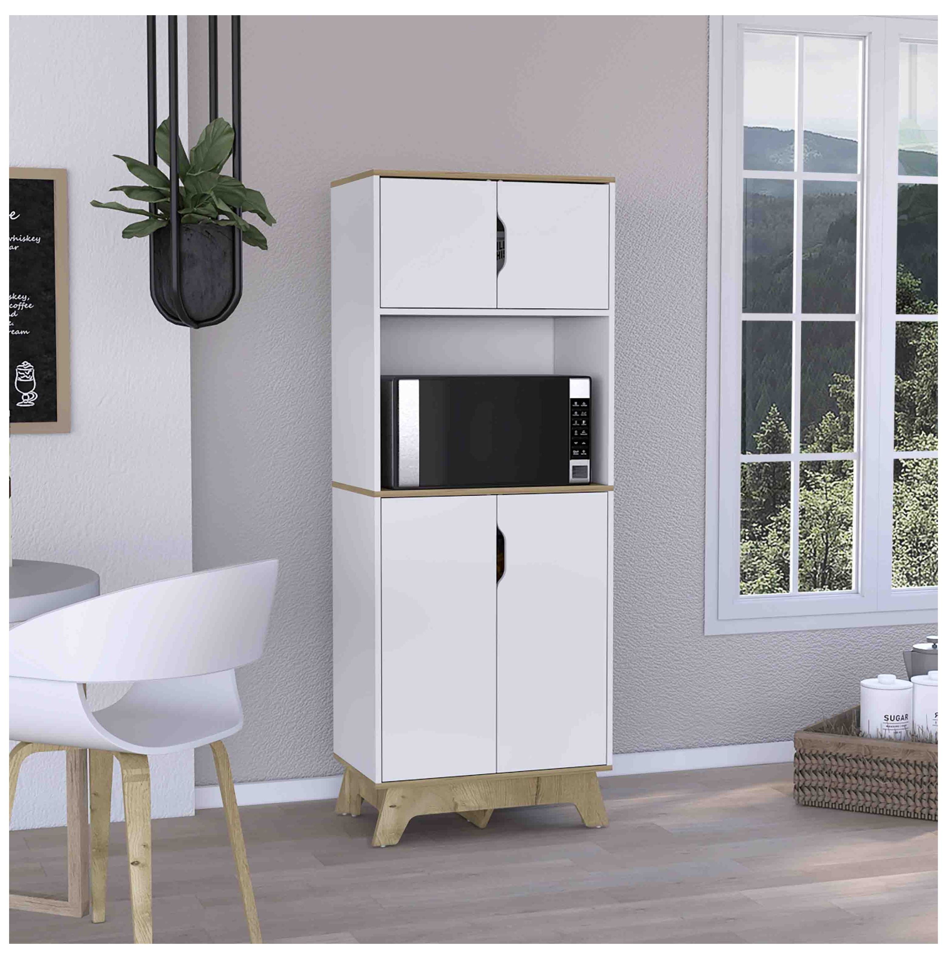 Pamplona Microwave Tall Cabinet Counter Surface, Top And Lower Double Doors Cabinets -Light Oak ...