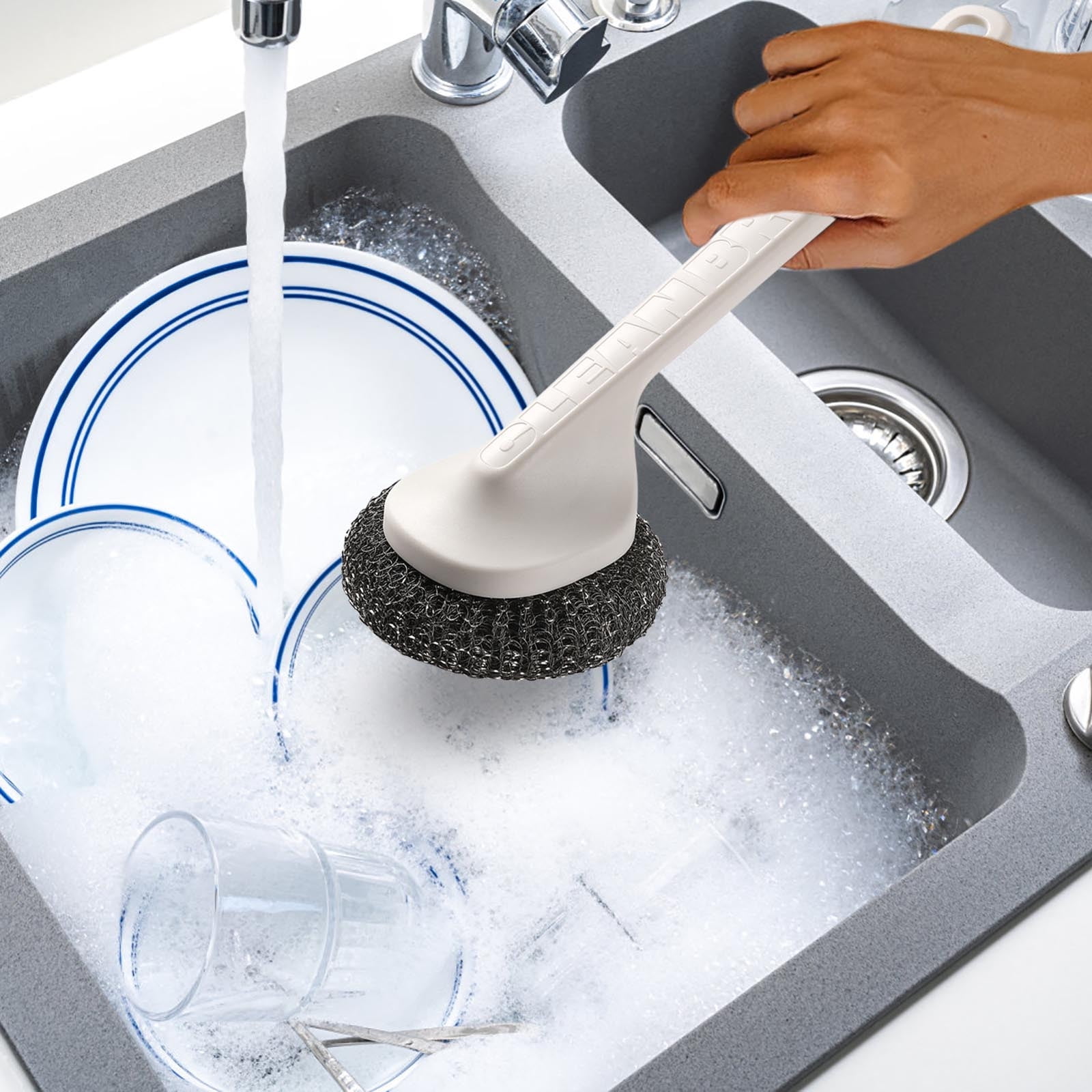 Pan Brush Scrubber with Handle Stainless Steel Sponge Brush Steel Wool ...